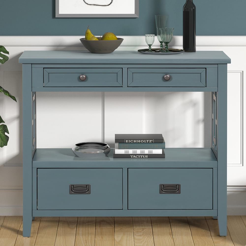 Yone jx je 36'' Farmhouse Pine Wood Console Table Entry Sofa Table with 4 Drawers & 1 Storage Shelf for Entryway Living Room Bedroom Hallway Kitchen (Blue)
