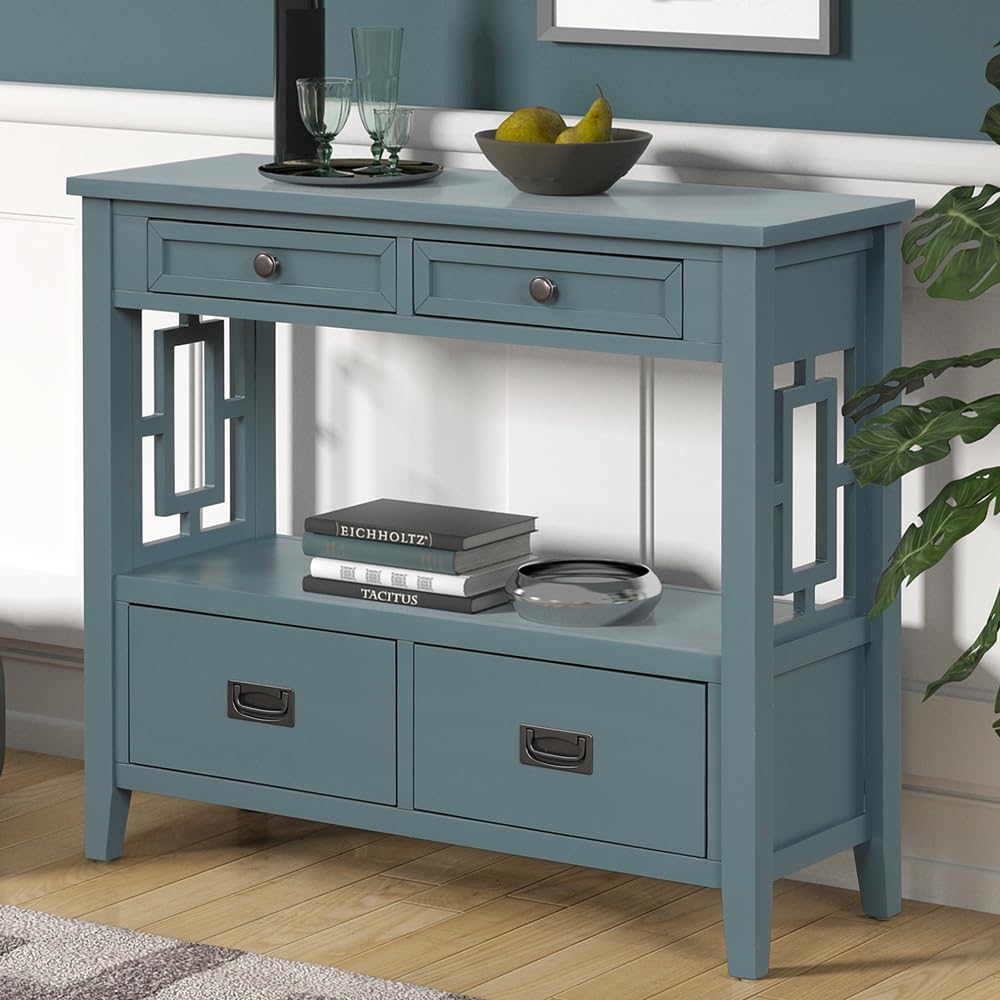 Yone jx je 36'' Farmhouse Pine Wood Console Table Entry Sofa Table with 4 Drawers & 1 Storage Shelf for Entryway Living Room Bedroom Hallway Kitchen (Blue)