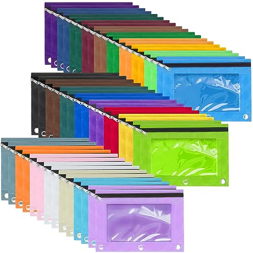 Tenceur 50 Pcs Pencil Pouch for 3 Ring Binder with Zipper Fabric Pencil Pouches Binder Pencil Bag with Clear Window Bulk Pencil Case for Office(9.8 x 7.1 Inch)