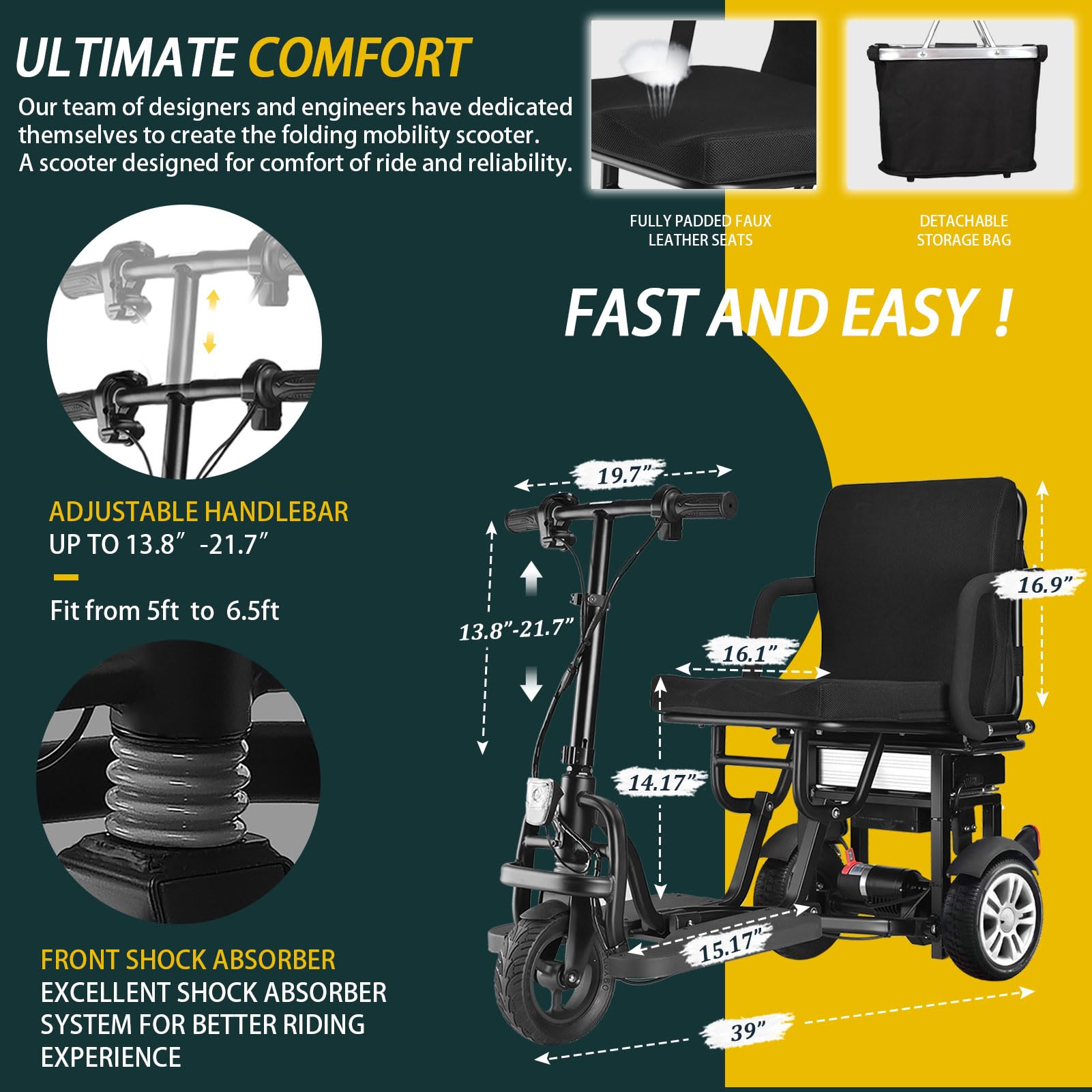 WISGING Scooter Mobility Folding Electric Mobility Scooter 3 Wheel Lightweight Portable Power Travel Scooters - Support 270 lbs Weight Only 55 lbs Long Range(15 Mile), Standard W