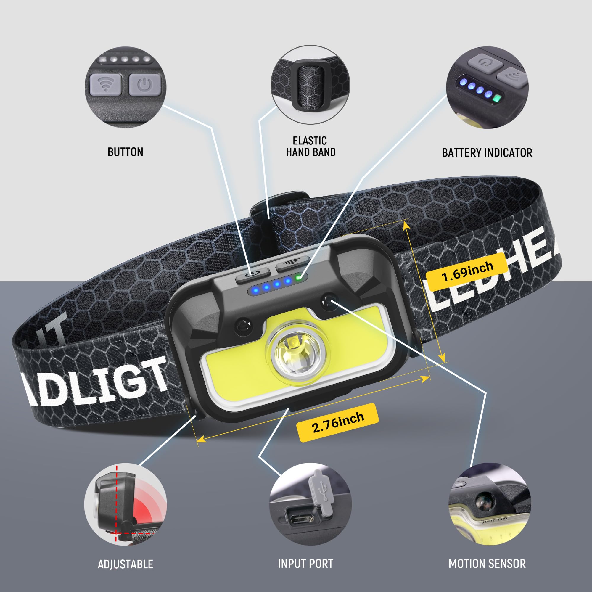 HOKOILN Headlamp Rechargeable, 1300 Lumen Ultra-Light Bright Head Lamp with White Red Green, 14 Modes Adjustable Waterproof Motion Sensor Headlight for Outdoor Camping Running