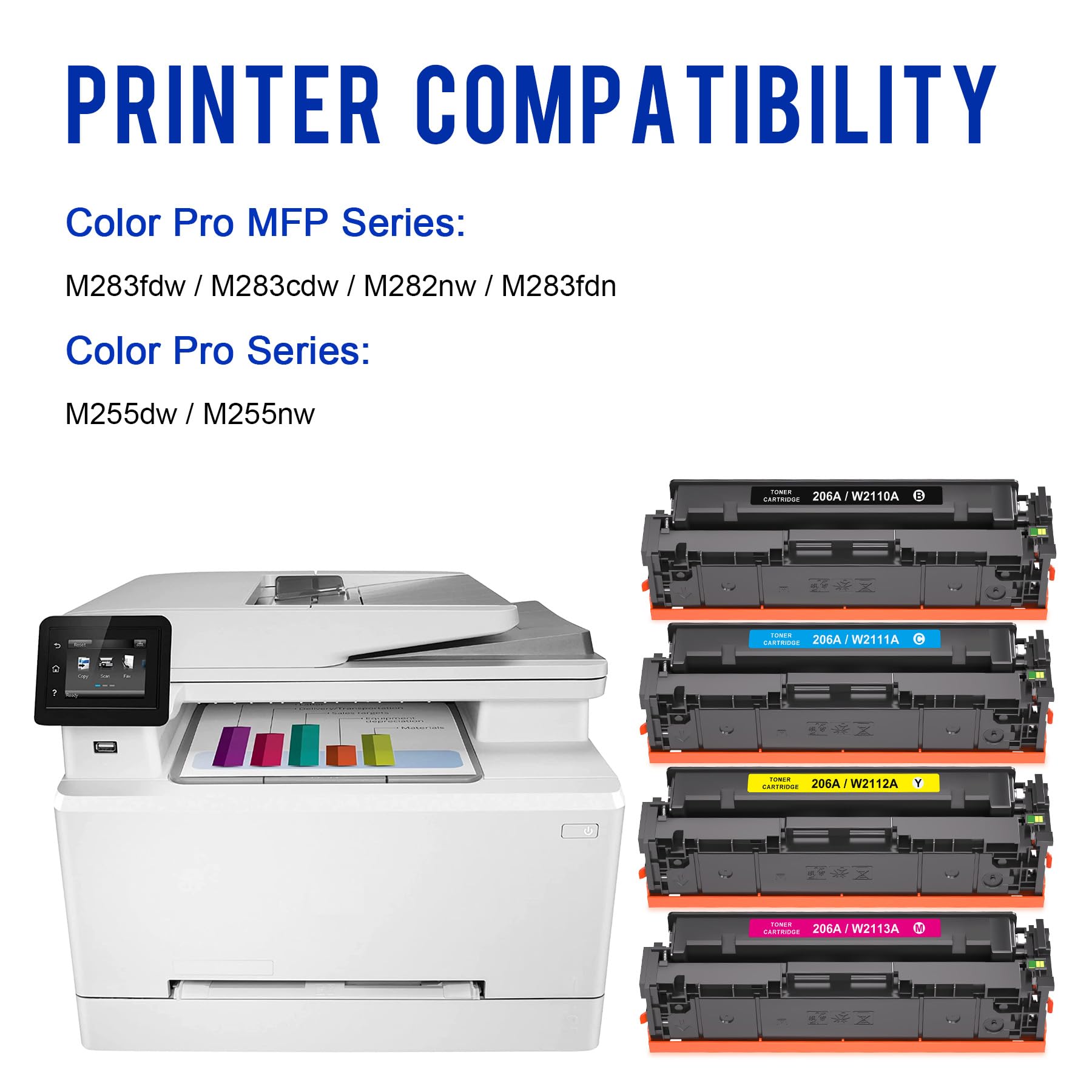 Valinkso 206A Toner Cartridges 4 Pack (with Chip) Compatible Replacement for HP 206A 206X W2110A W2110X Work for HP Color Pro MFP M283fdw M283cdw Pro M255dw M283 M255 M282 Series Printer High Yield