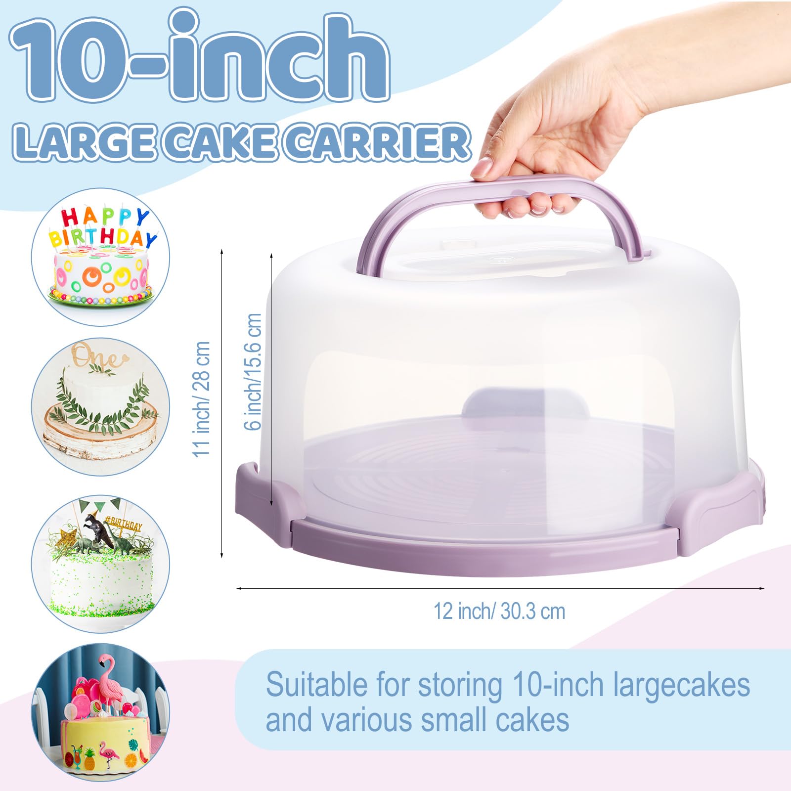 Bokon 4 Pieces Plastic Cake Carrier Large Round Cake Holder Portable Cake Container Serve as Five Section Serving Tray Large Cheesecake Stand with Lid & Handle Fits 10 Inch Cake Pies Dessert