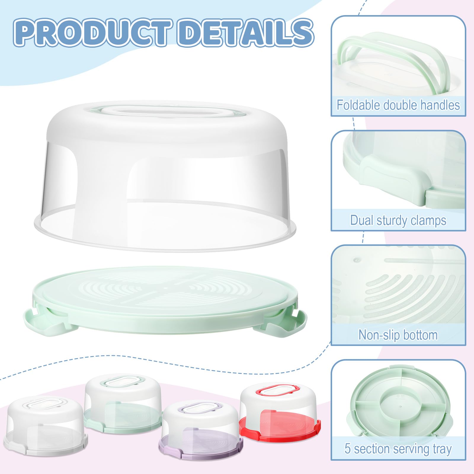 Bokon 4 Pieces Plastic Cake Carrier Large Round Cake Holder Portable Cake Container Serve as Five Section Serving Tray Large Cheesecake Stand with Lid & Handle Fits 10 Inch Cake Pies Dessert