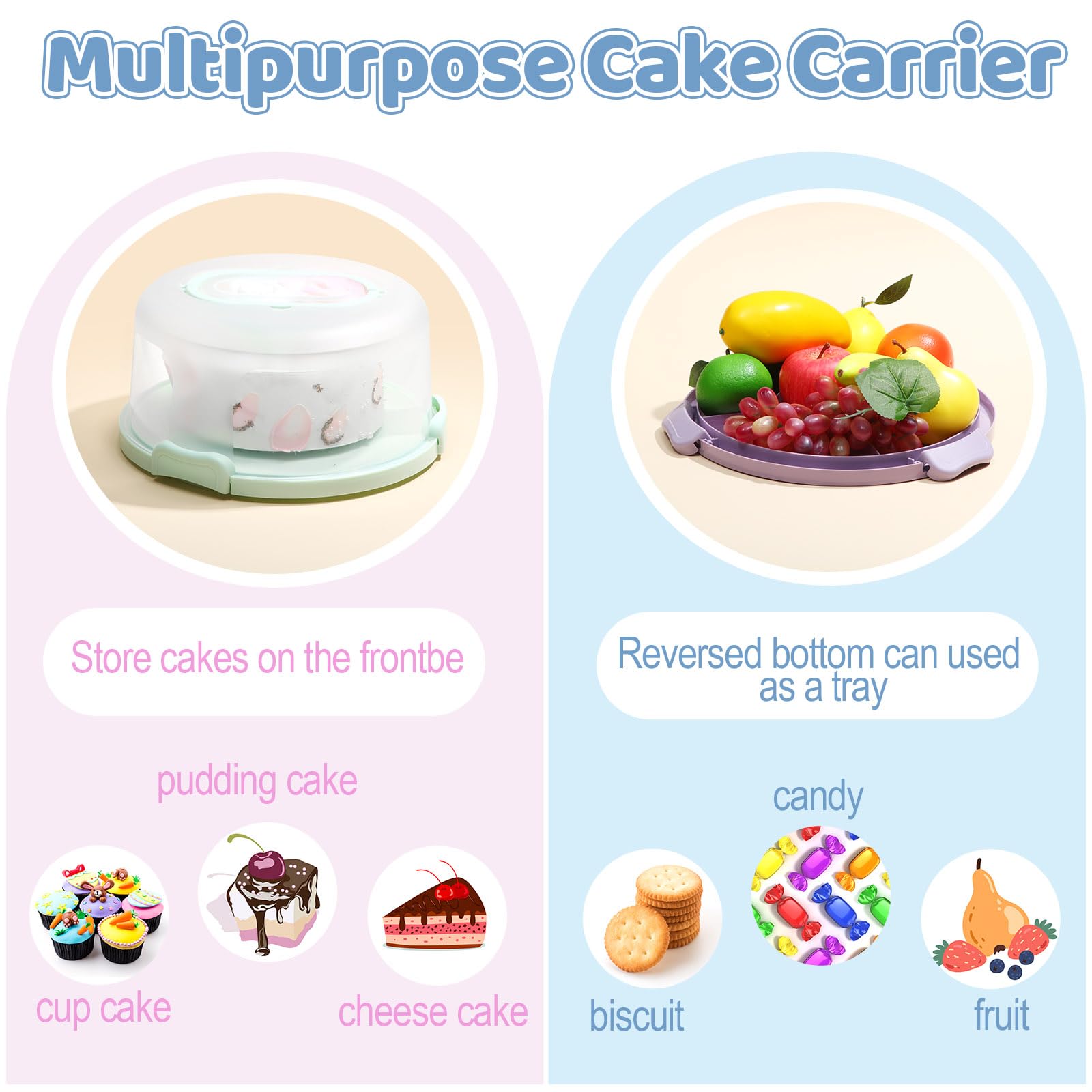 Bokon 4 Pieces Plastic Cake Carrier Large Round Cake Holder Portable Cake Container Serve as Five Section Serving Tray Large Cheesecake Stand with Lid & Handle Fits 10 Inch Cake Pies Dessert
