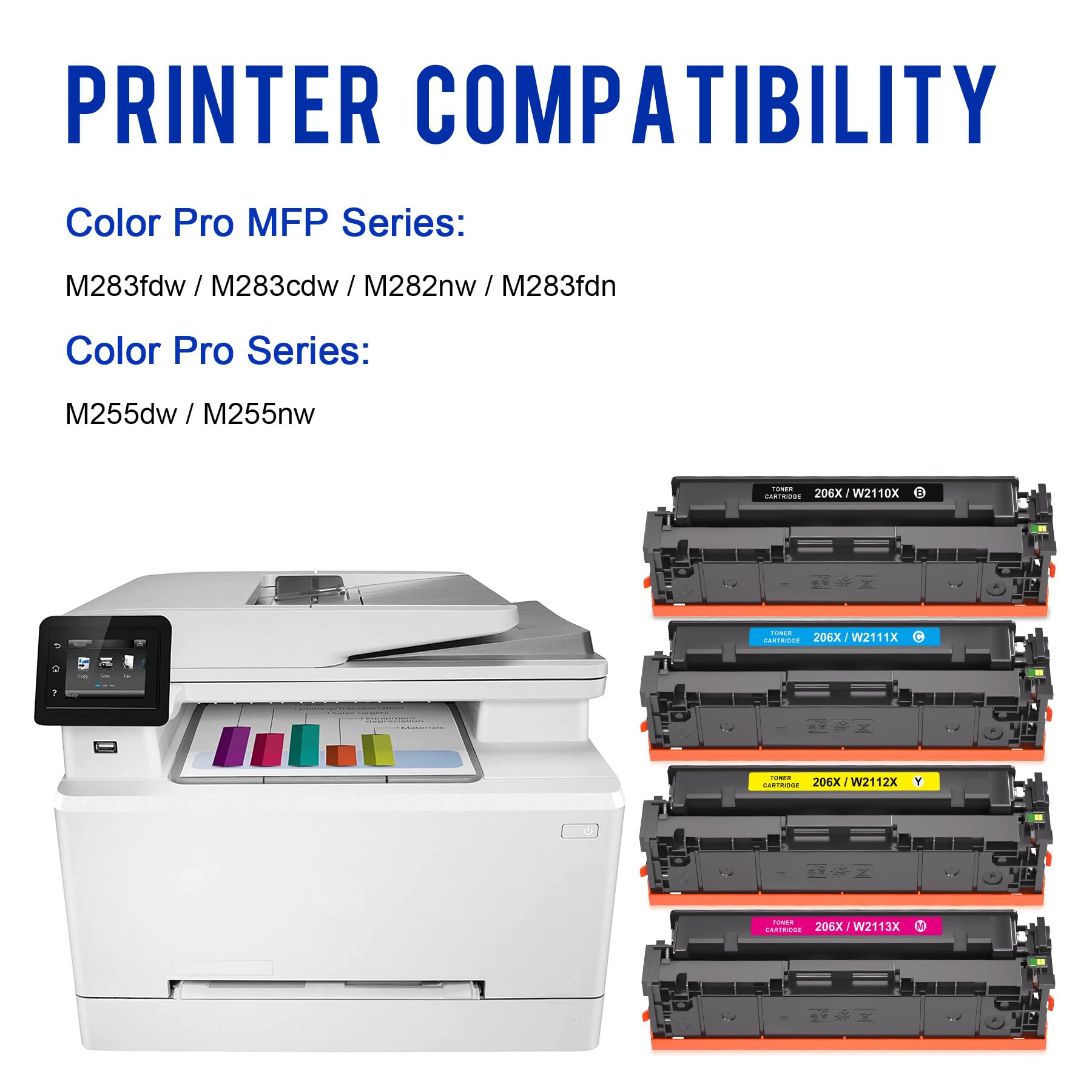 Valinkso 206X Toner Cartridges 4 Pack High Yield (with Chip) Compatible Replacement for HP 206X 206A W2110X W2110A Work for HP Color Pro MFP M283fdw M283cdw Pro M255dw M283 M255 M282 Series Printer