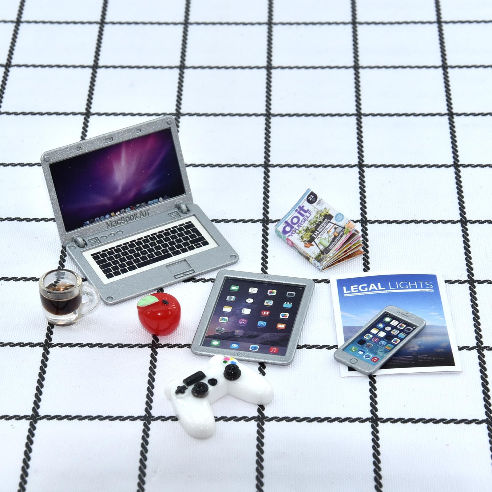 27 Pieces Dollhouse Mini Laptop Tablet and Smart Phone Newspaper Book Miniatures Hamburger Cake Coffee Juice Trolley case DIY Play Game Party Toys Accessories (Silver Set)