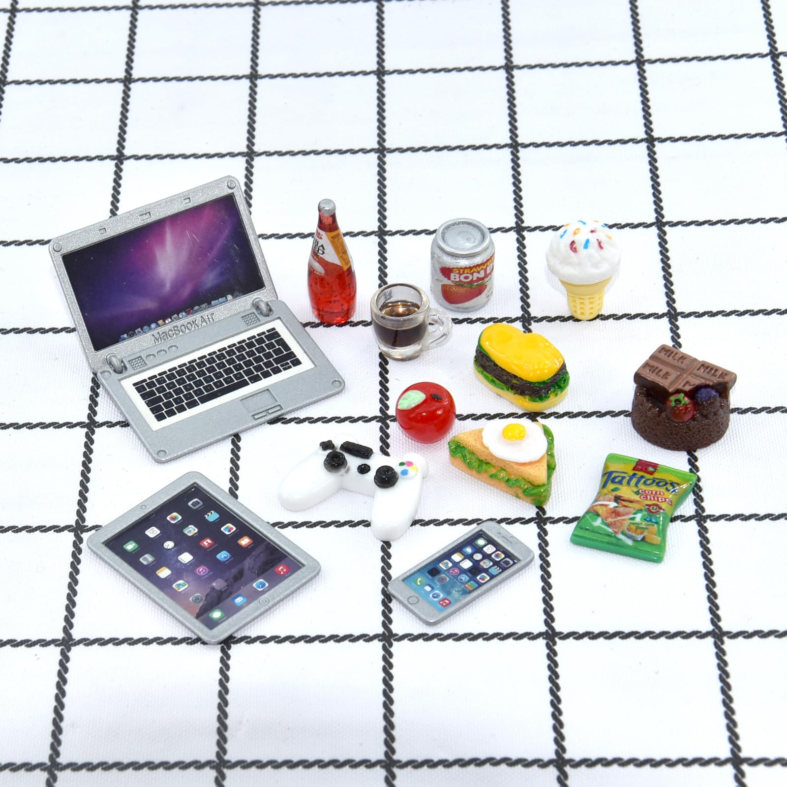 27 Pieces Dollhouse Mini Laptop Tablet and Smart Phone Newspaper Book Miniatures Hamburger Cake Coffee Juice Trolley case DIY Play Game Party Toys Accessories (Silver Set)
