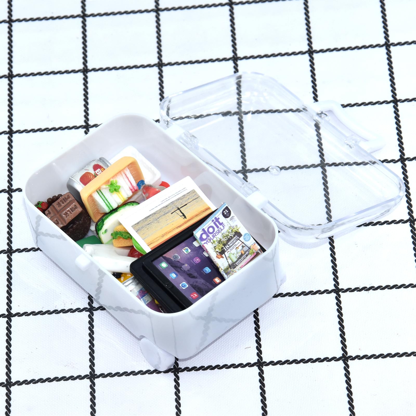 27 Pieces Dollhouse Mini Laptop Tablet and Smart Phone Newspaper Book Miniatures Hamburger Cake Coffee Juice Trolley case DIY Play Game Party Toys Accessories (Silver Set)