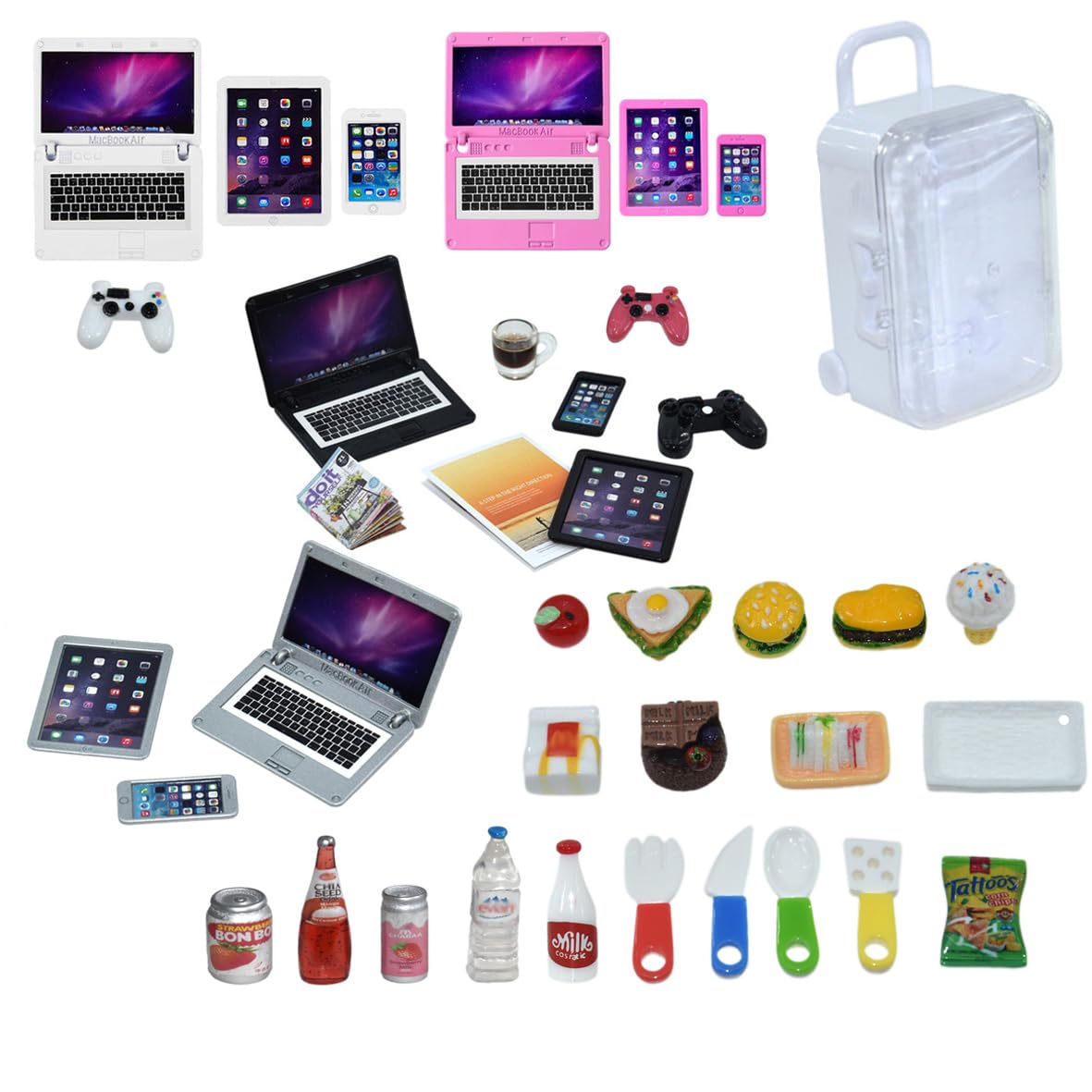 27 Pieces Dollhouse Mini Laptop Tablet and Smart Phone Newspaper Book Miniatures Hamburger Cake Coffee Juice Trolley case DIY Play Game Party Toys Accessories (Silver Set)