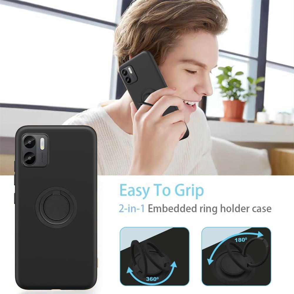 for Xiaomi Redmi A1/Redmi A2 Phone Case with Glass Screen Protector, 360° Rotatable Ring Holder Magnetic Kickstand/Stand Silicone TPU Shockproof Protective Cover Case for Xiaomi Redmi A1 4G - Black