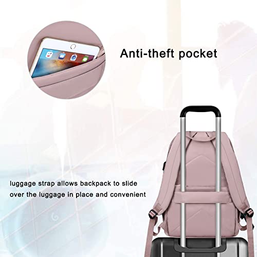 MOSISO 15.6-16 inch 20L Laptop Backpack for Women Men College School Student with USB Charging Port&Luggage Strap&Front Raised Pocket, Travel Business Polyester Anti-Theft Bookbag Daypack, Soft Pink