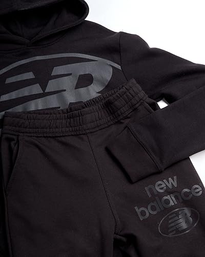 New Balance Boys' Sweatsuit Set - 2 Piece Fleece Pullover Hoodie Sweatshirt and Sweatpants (2T-20), Size 8, Black