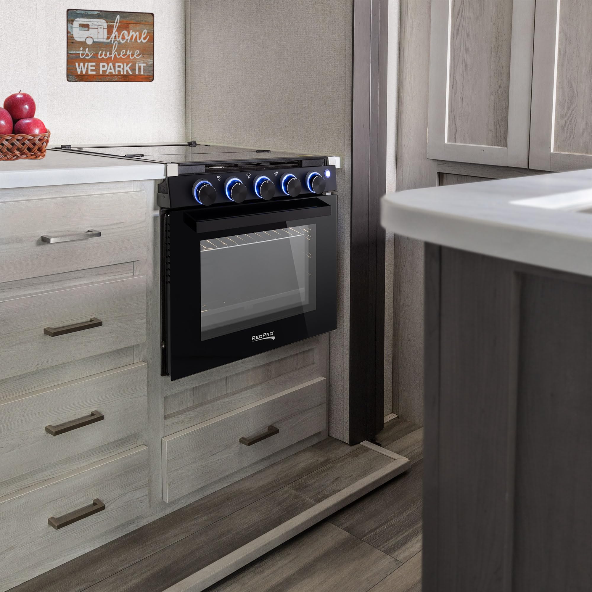 RecPro RV Stove Black Finish | Gas Range 21" Tall | 6500 and 8000 BTU Three Burner | 7100 BTU Oven with 1.8 Cu. Ft Capacity | Optional Vented Range Hood