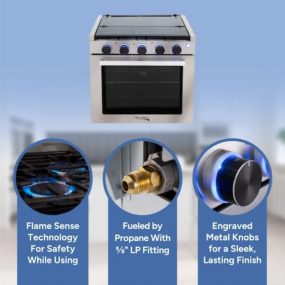 RecPro RV Stove Black Finish | Gas Range 21" Tall | 6500 and 8000 BTU Three Burner | 7100 BTU Oven with 1.8 Cu. Ft Capacity | Optional Vented Range Hood