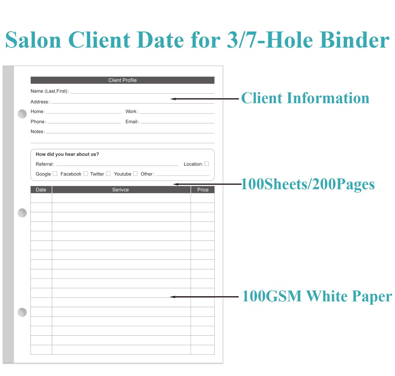 A5 Stylist Binder Insert Cards - 3-Hole Client Profile Cards for Hair Stylist, Salon, Spa, Hairdresser, 100 Sheets/200 Pages Business Data Client Card, 5.8''×8.3''