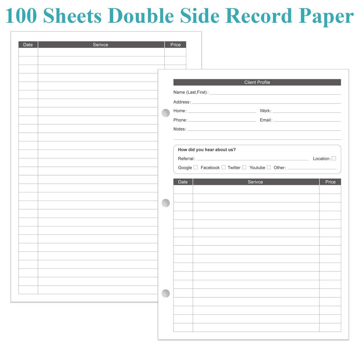 A5 Stylist Binder Insert Cards - 3-Hole Client Profile Cards for Hair Stylist, Salon, Spa, Hairdresser, 100 Sheets/200 Pages Business Data Client Card, 5.8''×8.3''
