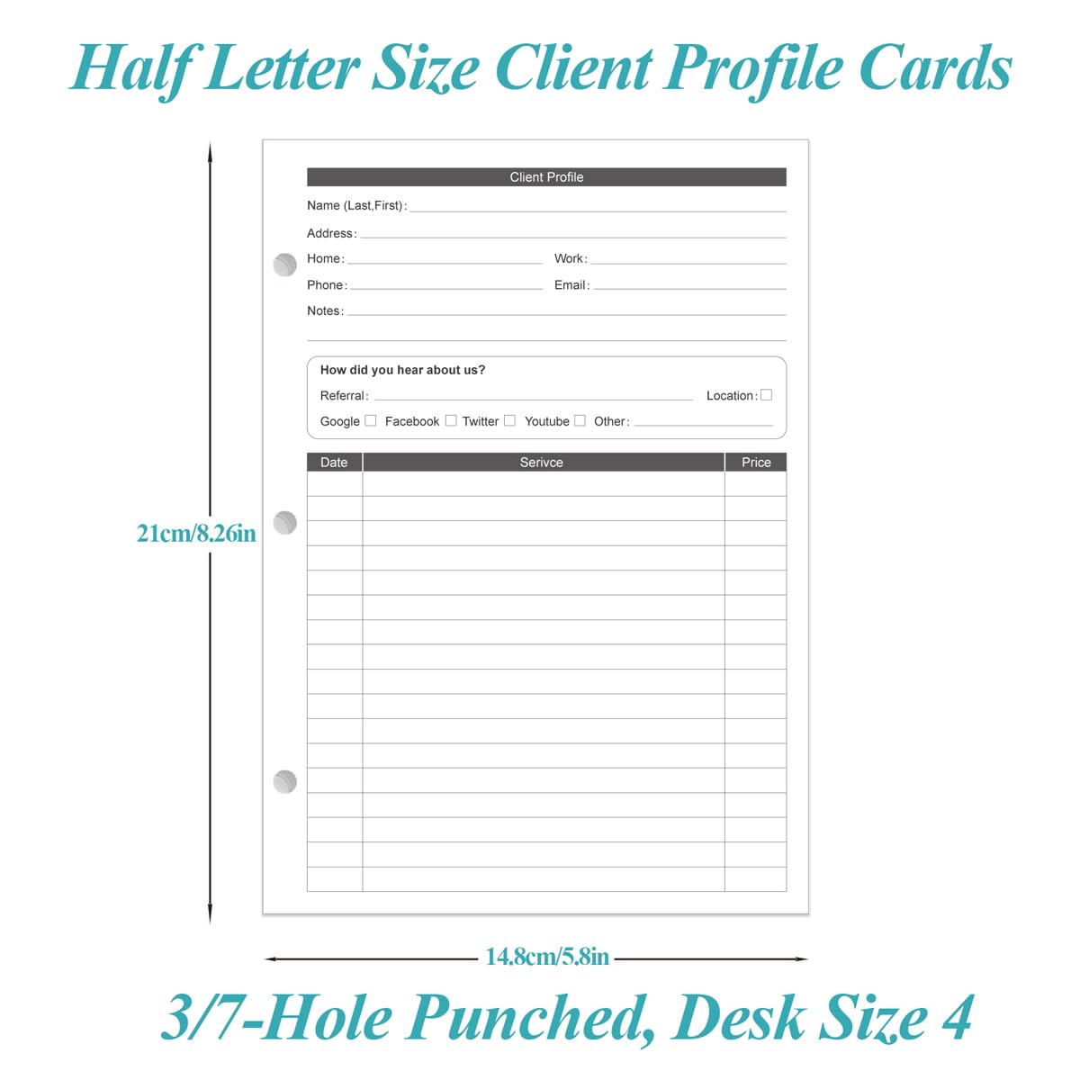 A5 Stylist Binder Insert Cards - 3-Hole Client Profile Cards for Hair Stylist, Salon, Spa, Hairdresser, 100 Sheets/200 Pages Business Data Client Card, 5.8''×8.3''