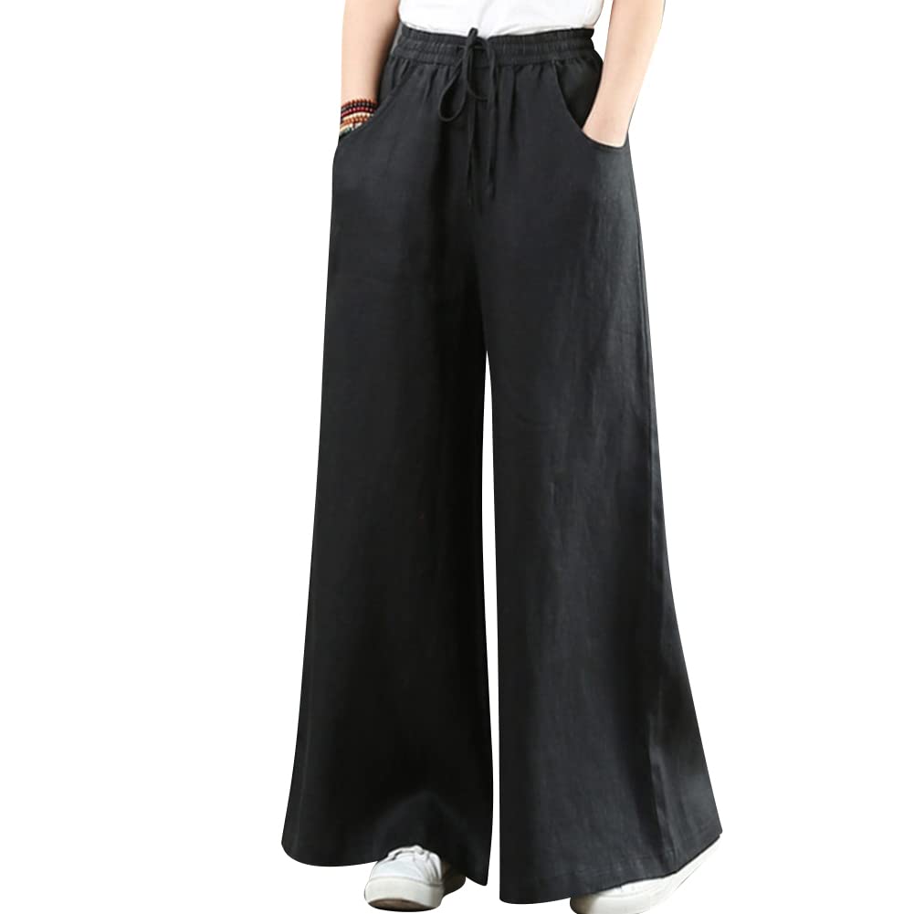 Womens Linen Pants High Waisted Wide Leg Casual Loose Drawstring Trousers Straight Leg Yoga Pants Boho Beach Flowy Pants Palazzo Pants PantalóN De Mujer Women Slacks with Pockets Black a XL
