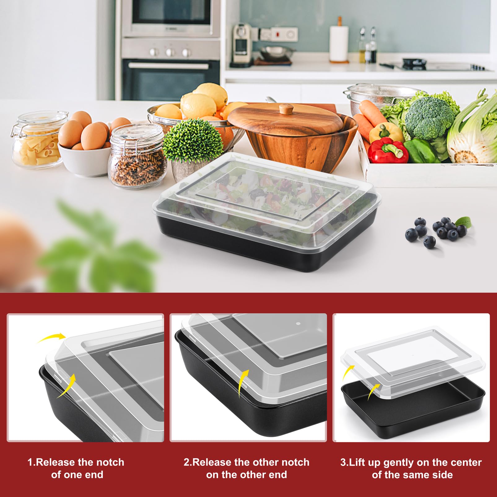 TeamFar Lasagna Pan with Lid, (2 Pans + 2 Lids), 12.5’’ Coated Lasagna Dish Rectangular Cake Brownie Baking Pan with Stainless Steel Core & Non Stick Coating, Healthy & Oven Safe, Easy Clean