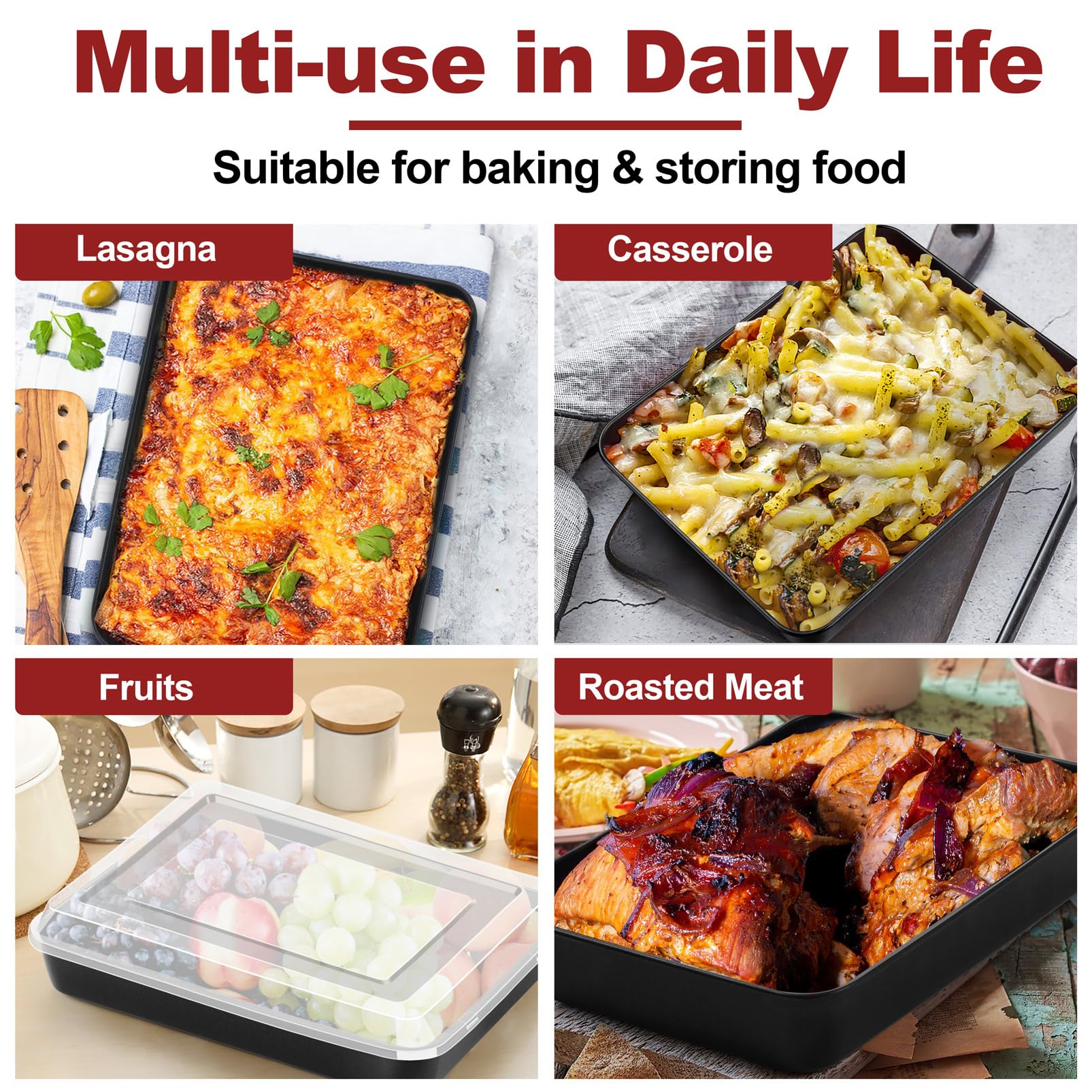 TeamFar Lasagna Pan with Lid, (2 Pans + 2 Lids), 12.5’’ Coated Lasagna Dish Rectangular Cake Brownie Baking Pan with Stainless Steel Core & Non Stick Coating, Healthy & Oven Safe, Easy Clean