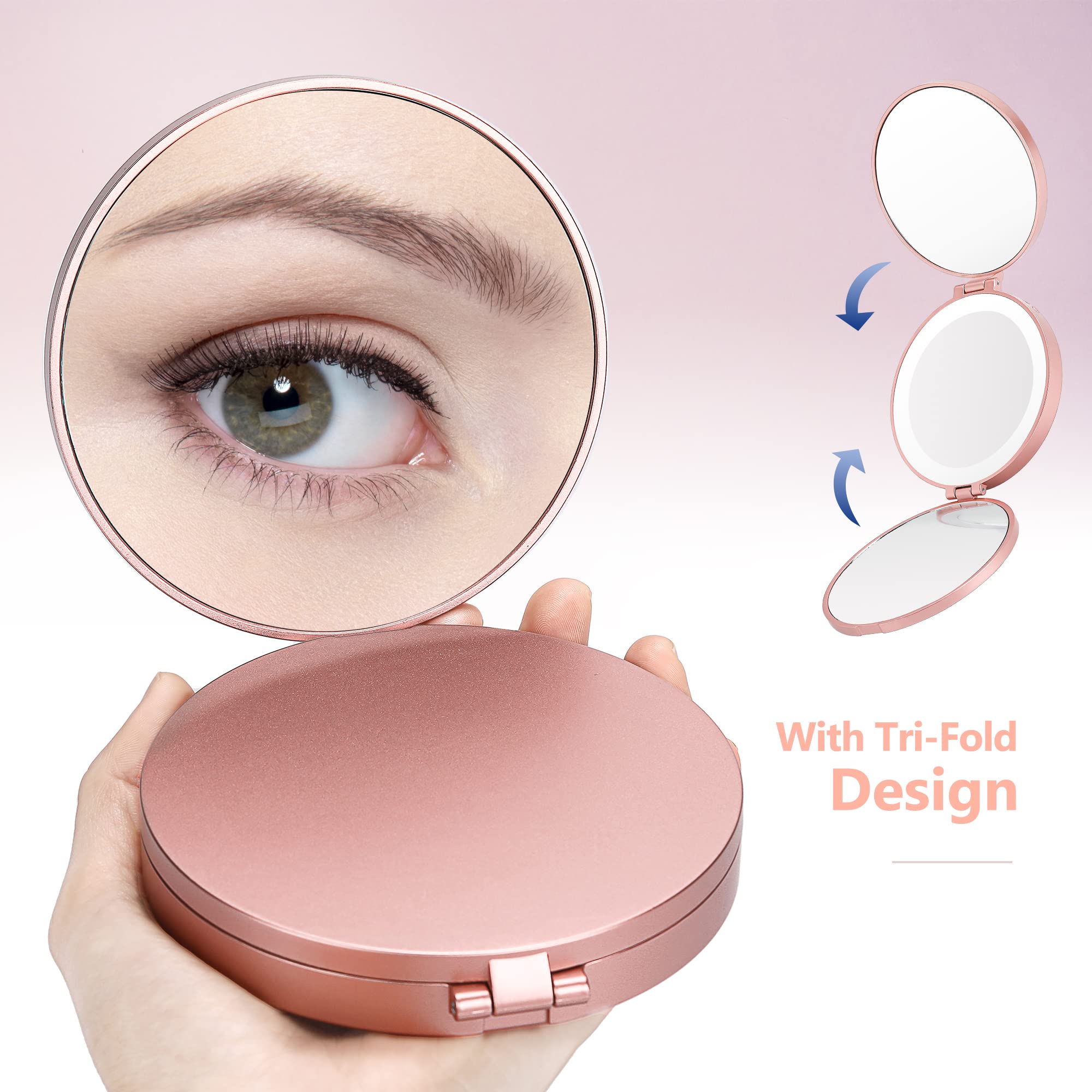 B Beauty Planet 25X Magnifying Mirror with Light, 25X/5X/1X Travel Lighted Makeup Mirror,Portable LED Compact Mirror,Handheld Folding Rechargeable Ring Light Mirror