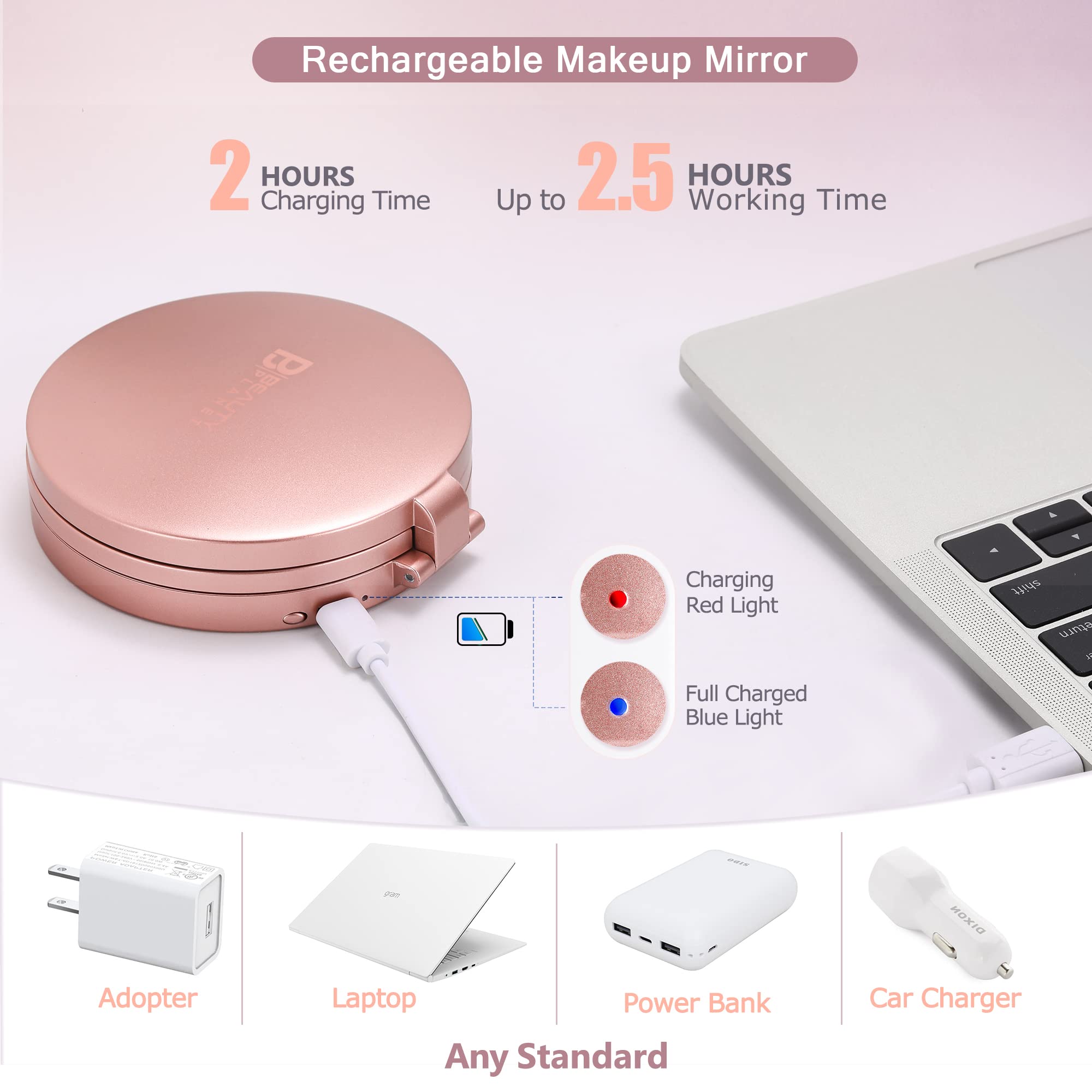B Beauty Planet 25X Magnifying Mirror with Light, 25X/5X/1X Travel Lighted Makeup Mirror,Portable LED Compact Mirror,Handheld Folding Rechargeable Ring Light Mirror