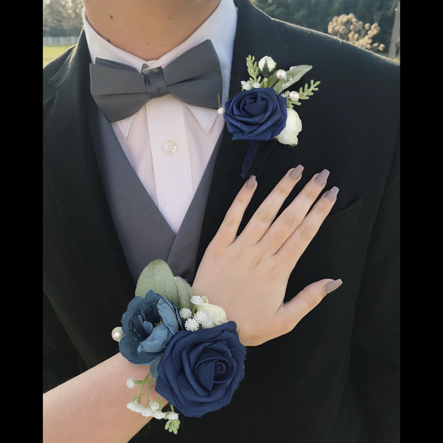 Rinlong 6Pcs Navy Blue Wrist Corsage Wedding Homecoming Prom Corsages Royal Blue Flower Corsage Wristlet