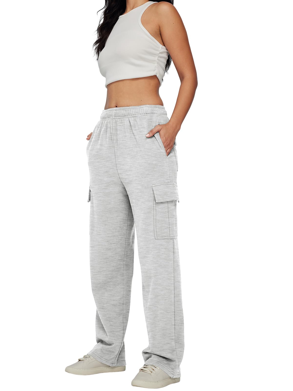 AUTOMET Womens Cargo Sweatpants Baggy Fleece High Waisted Joggers Sweat Pants Athletic Drawstring Casual Wide Leg Loose Fit Fall Pants with Pockets 2025 Grey XL