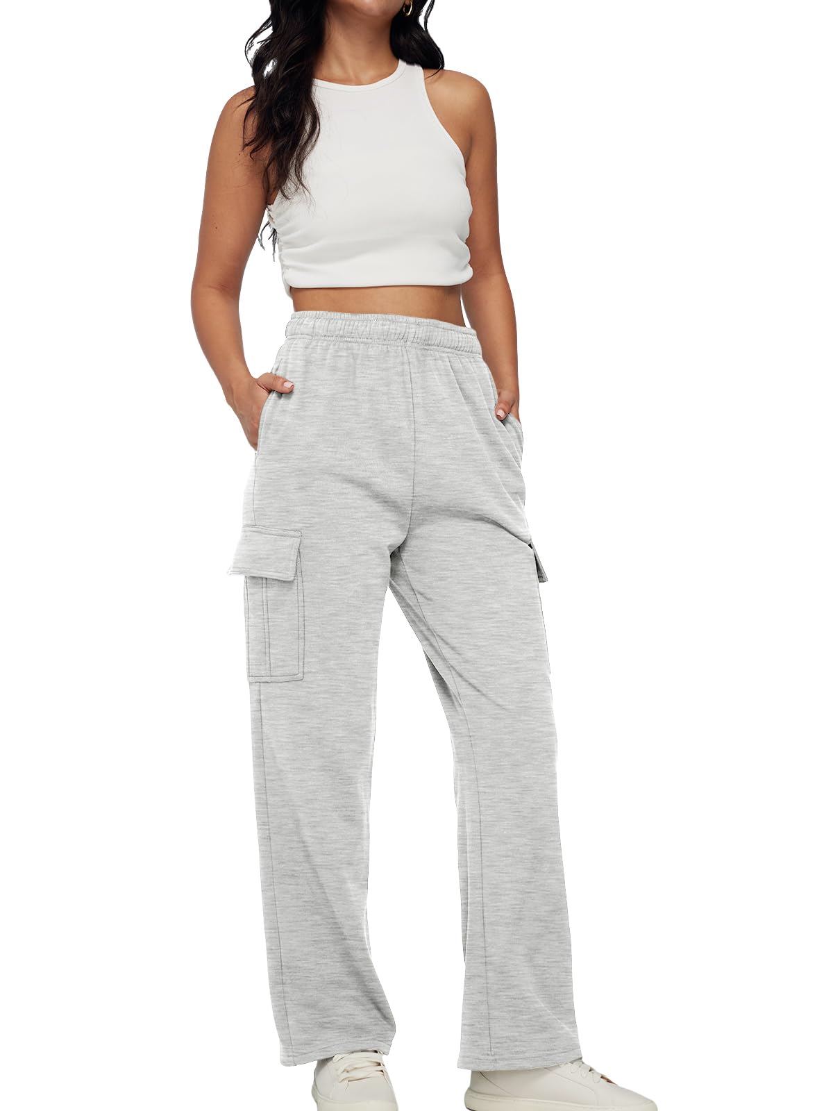 AUTOMET Womens Cargo Sweatpants Baggy Fleece High Waisted Joggers Sweat Pants Athletic Drawstring Casual Wide Leg Loose Fit Fall Pants with Pockets 2025 Grey XL