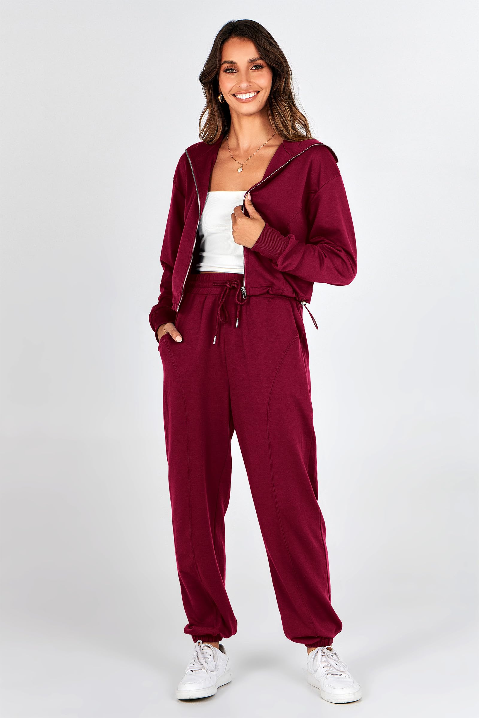 PRETTYGARDEN Women's 2 Piece Tracksuit Outfits Long Sleeve Zip Up Sweatshirt Drawstring Sweatpants Lounge Set (Wine Red,X-Large)
