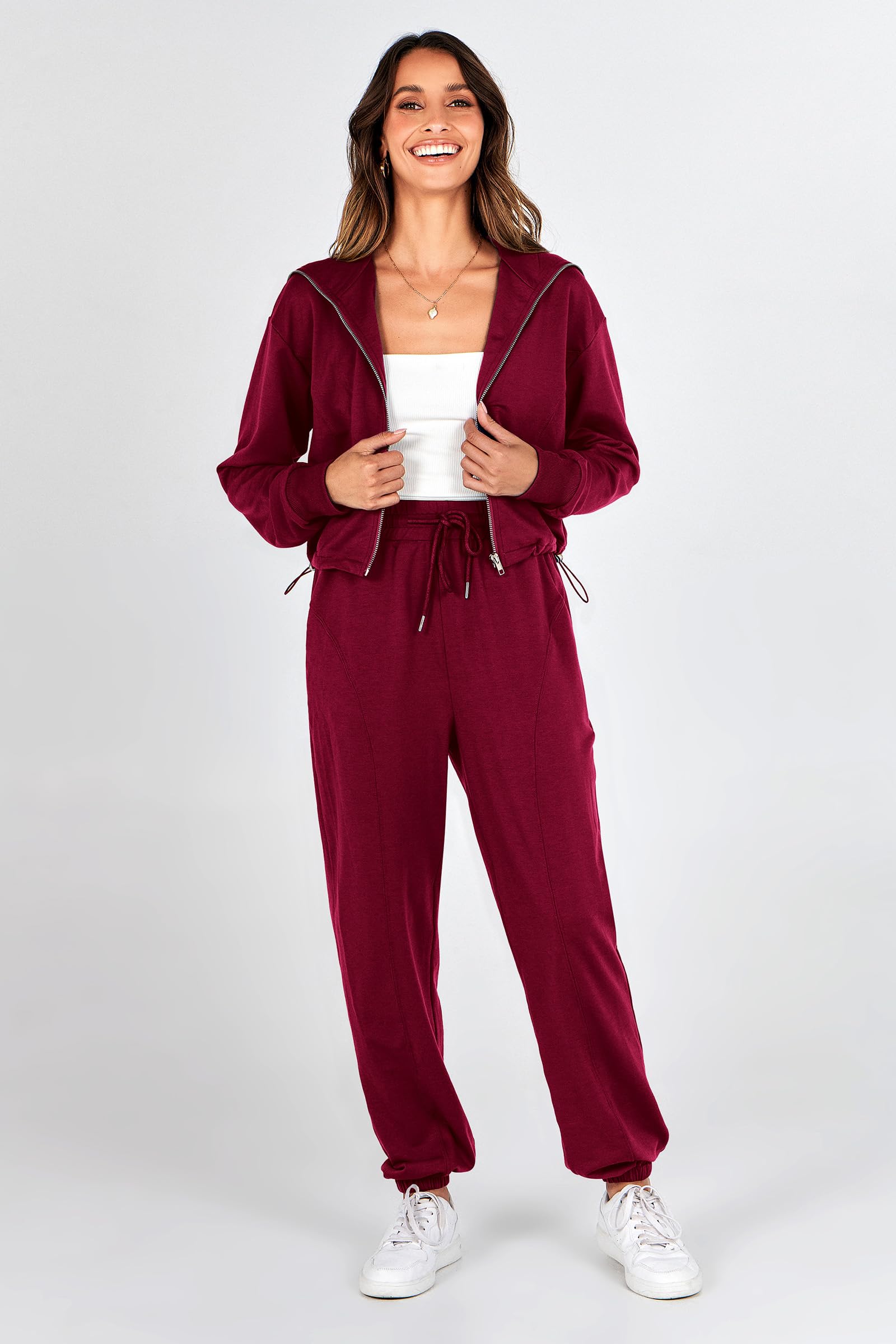 PRETTYGARDEN Women's 2 Piece Tracksuit Outfits Long Sleeve Zip Up Sweatshirt Drawstring Sweatpants Lounge Set (Wine Red,X-Large)