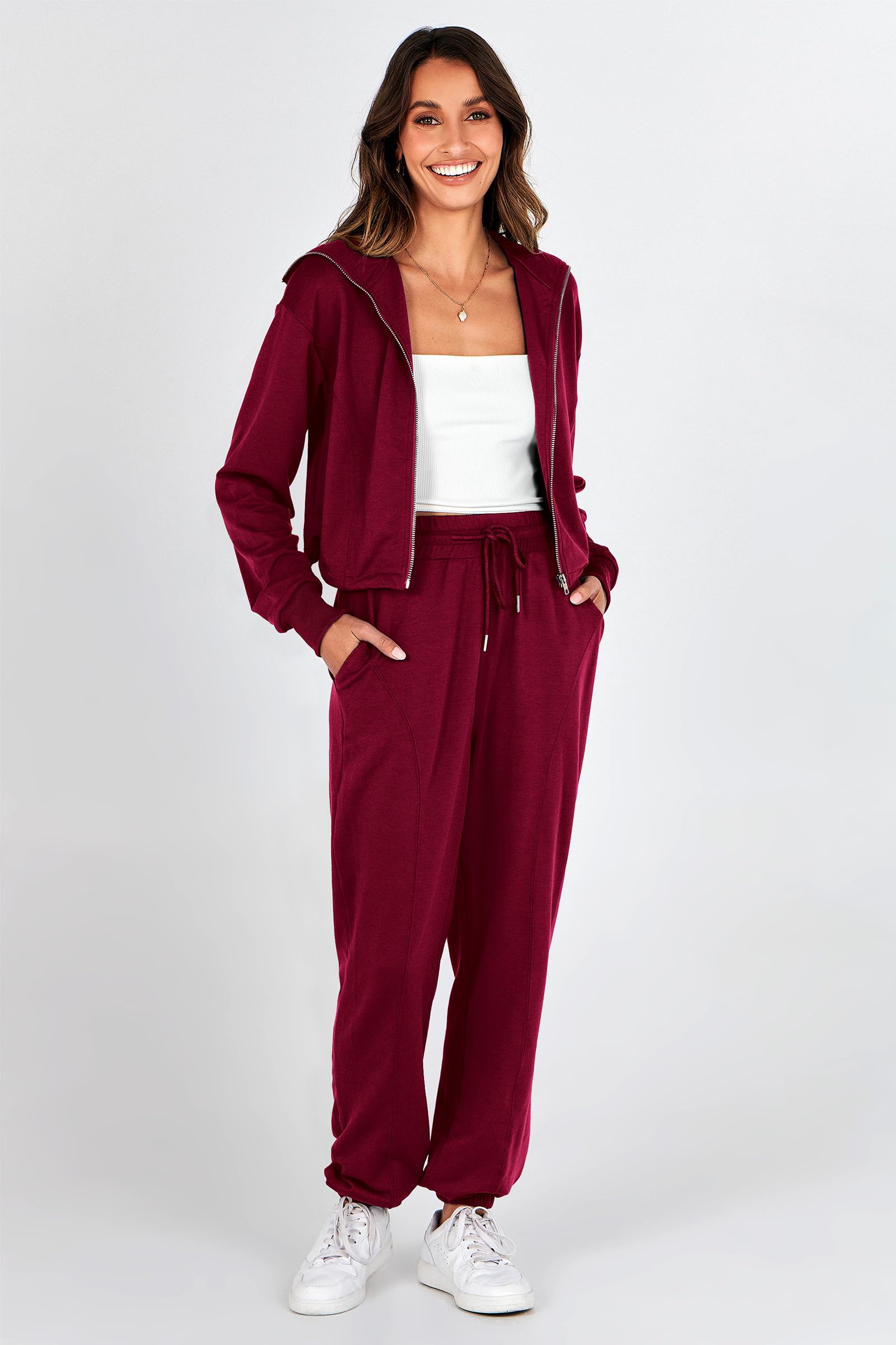 PRETTYGARDEN Women's 2 Piece Tracksuit Outfits Long Sleeve Zip Up Sweatshirt Drawstring Sweatpants Lounge Set (Wine Red,X-Large)
