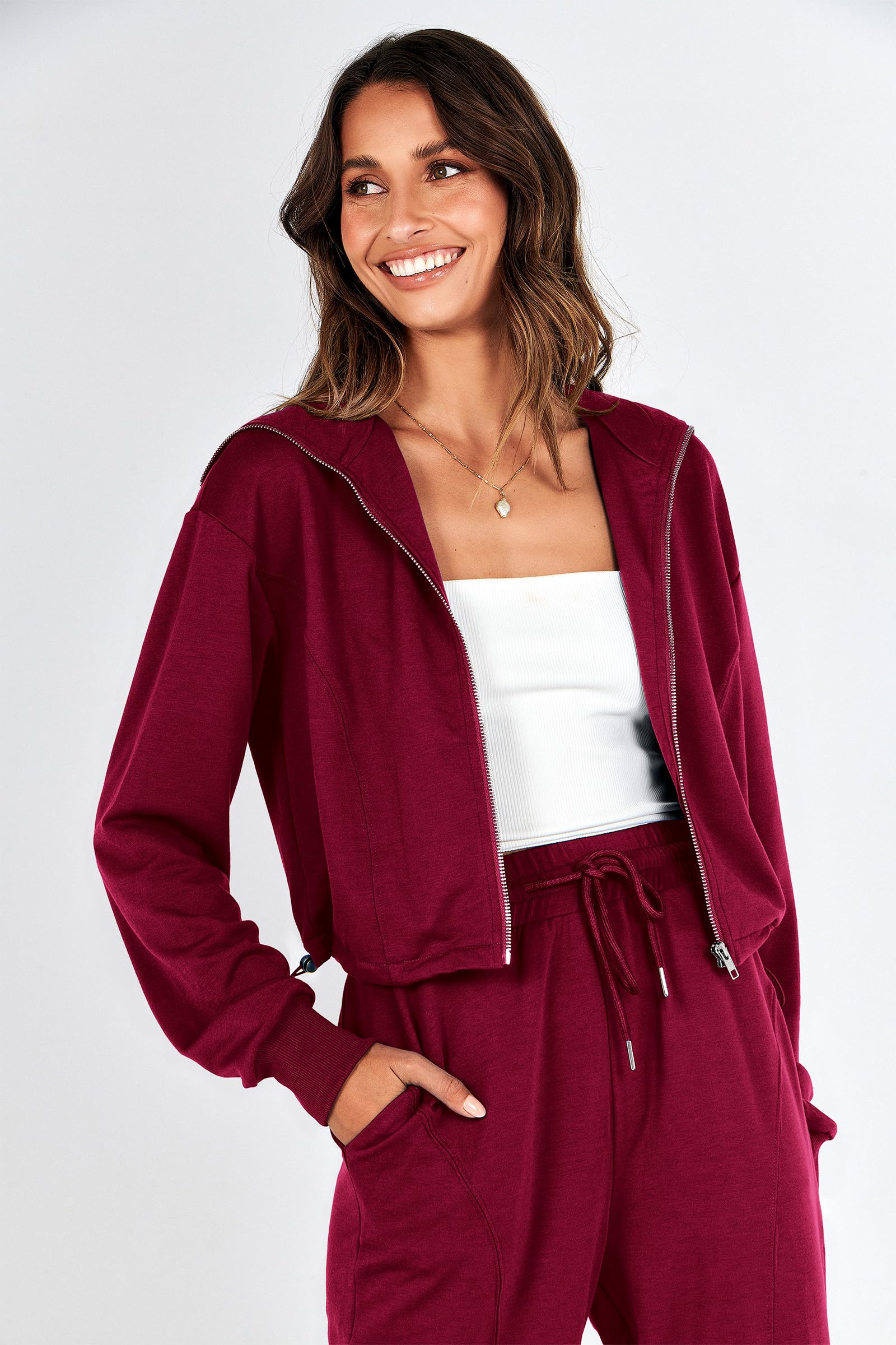 PRETTYGARDEN Women's 2 Piece Tracksuit Outfits Long Sleeve Zip Up Sweatshirt Drawstring Sweatpants Lounge Set (Wine Red,X-Large)