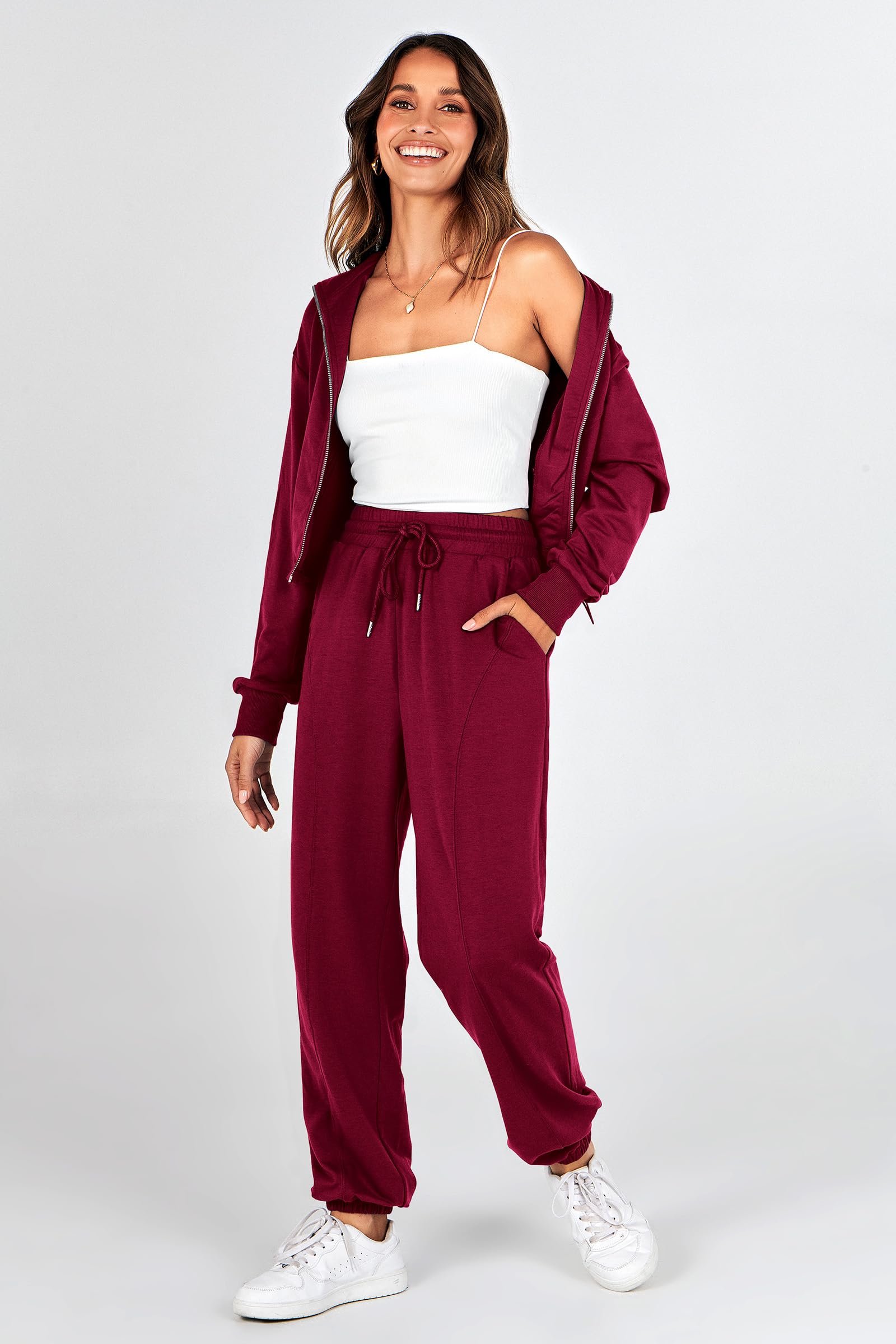 PRETTYGARDEN Women's 2 Piece Tracksuit Outfits Long Sleeve Zip Up Sweatshirt Drawstring Sweatpants Lounge Set (Wine Red,X-Large)