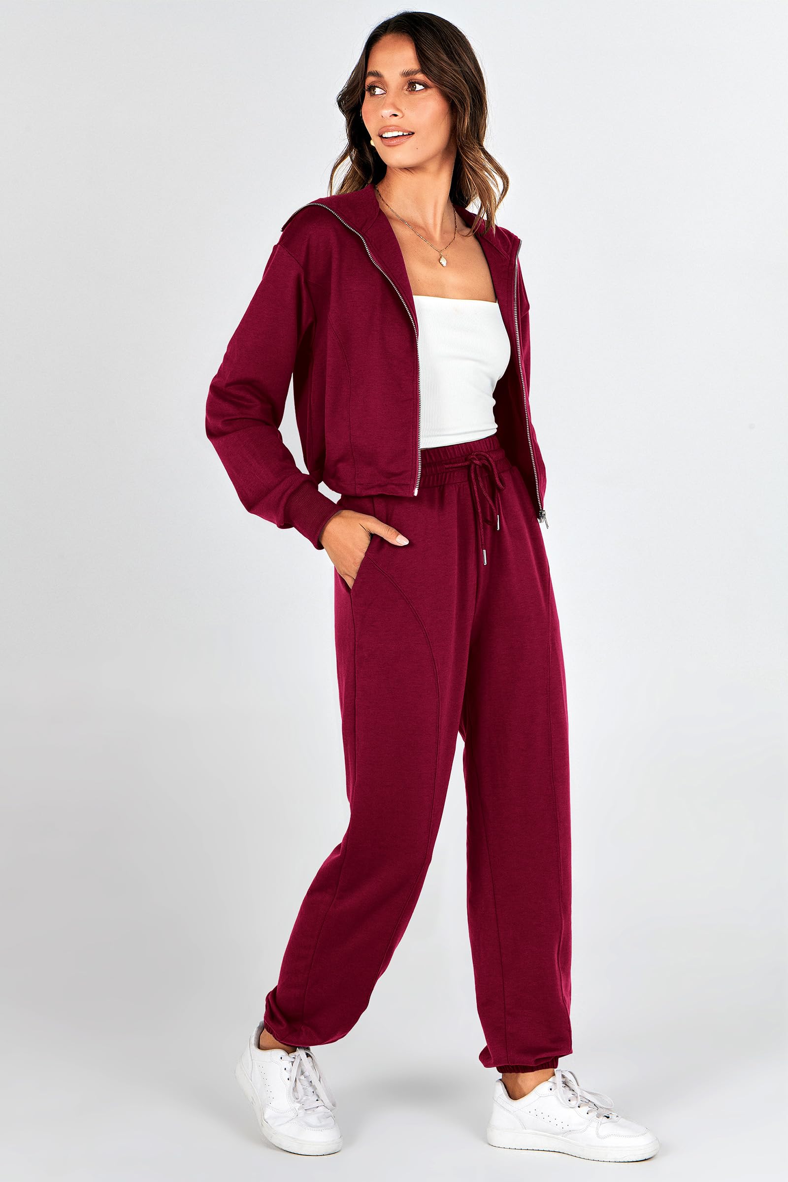 PRETTYGARDEN Women's 2 Piece Tracksuit Outfits Long Sleeve Zip Up Sweatshirt Drawstring Sweatpants Lounge Set (Wine Red,X-Large)
