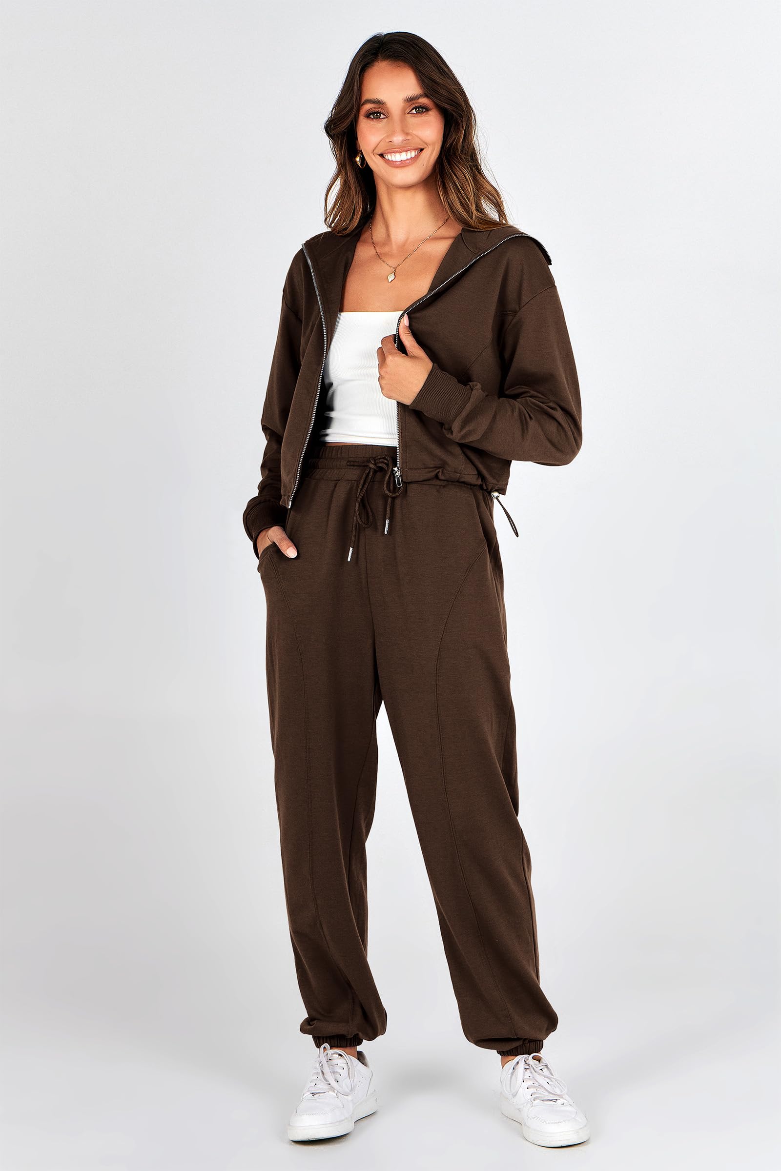PRETTYGARDEN Women's 2 Piece Tracksuit Outfits Long Sleeve Zip Up Sweatshirt Drawstring Sweatpants Lounge Set (Coffee,Large)