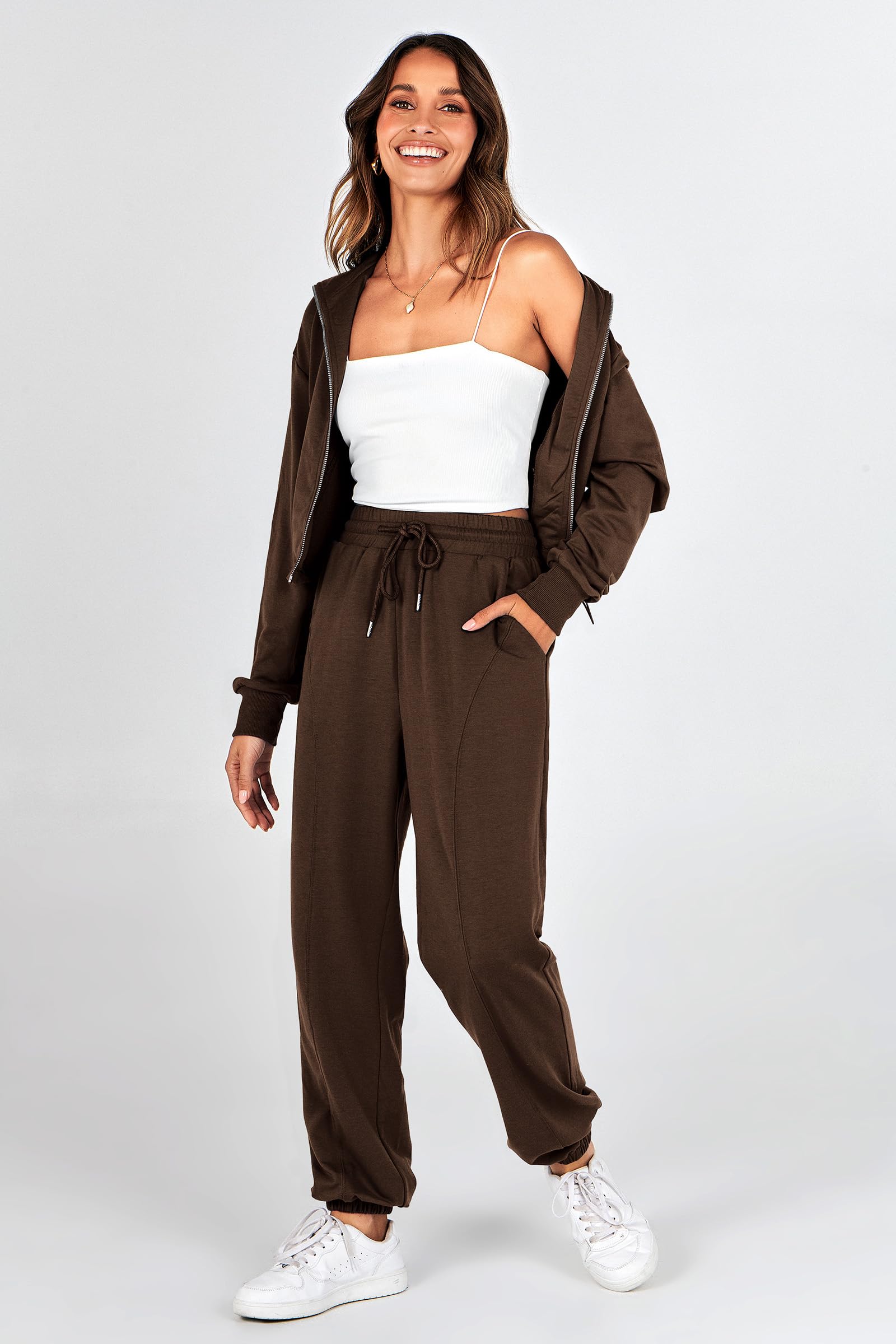 PRETTYGARDEN Women's 2 Piece Tracksuit Outfits Long Sleeve Zip Up Sweatshirt Drawstring Sweatpants Lounge Set (Coffee,Large)