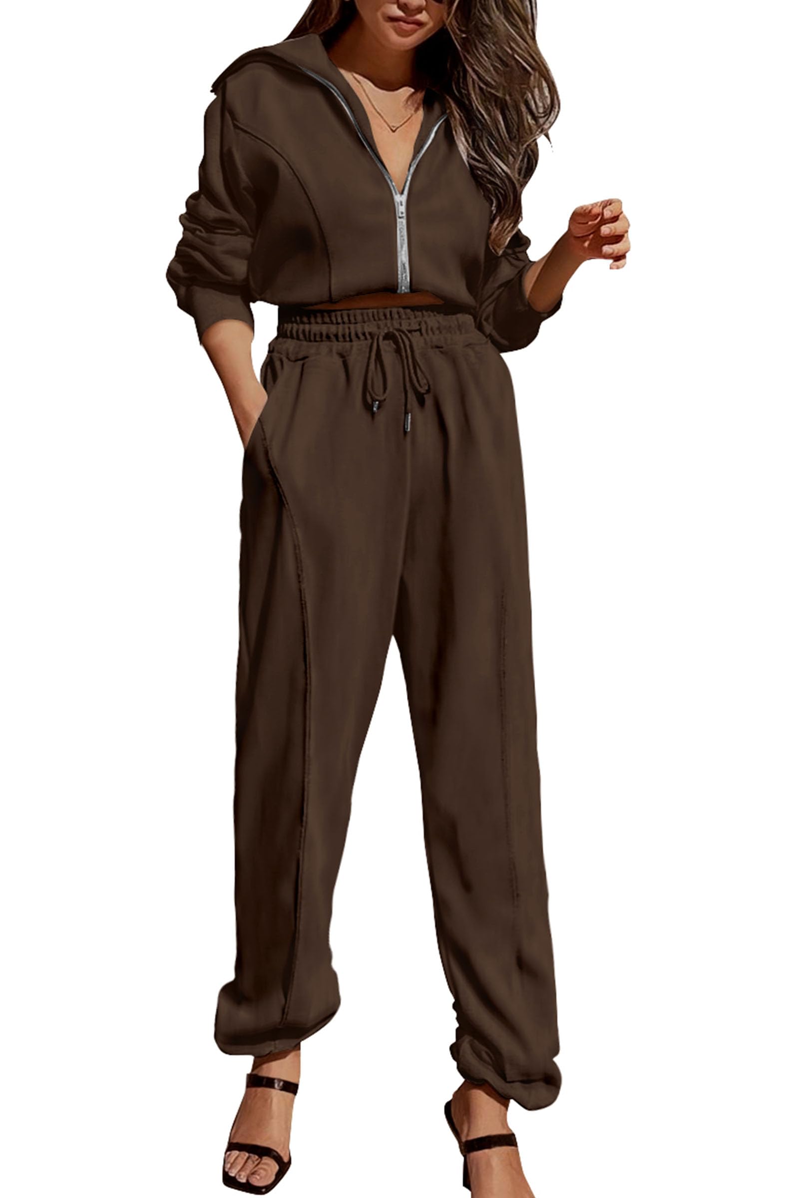 PRETTYGARDEN Women's 2 Piece Tracksuit Outfits Long Sleeve Zip Up Sweatshirt Drawstring Sweatpants Lounge Set (Coffee,Large)