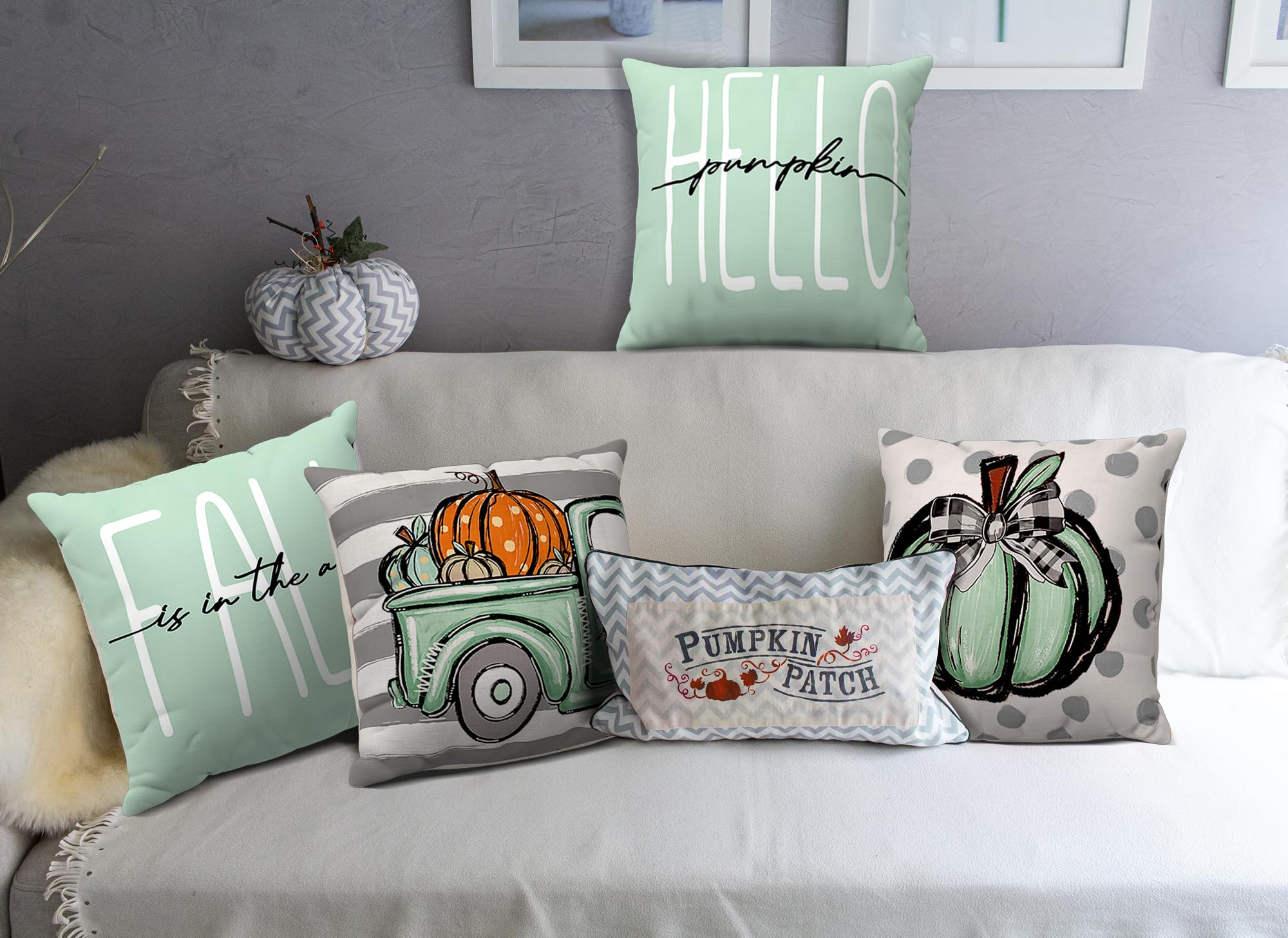 LITIVY Fall Decor Pillow Covers Set of 4 Pumpkin Farmhouse Thanksgiving Decorations Throw Pillows Autumn Cushion Cases for Couch Home Decorative Pillows Cover (18"x18", Green)