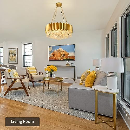 Fitsai Modern Gold Crystal Chandelier Light with Remote Control, Dimmable Round LED Pendant Light, Ceiling Light Fixtures for Dining Room Living Room Bedroom Variable Light