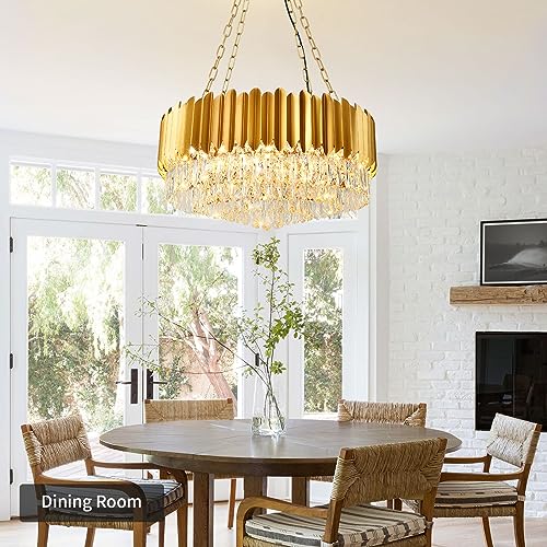 Fitsai Modern Gold Crystal Chandelier Light with Remote Control, Dimmable Round LED Pendant Light, Ceiling Light Fixtures for Dining Room Living Room Bedroom Variable Light