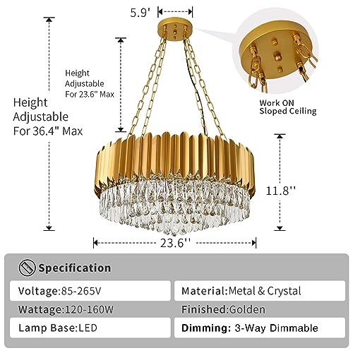 Fitsai Modern Gold Crystal Chandelier Light with Remote Control, Dimmable Round LED Pendant Light, Ceiling Light Fixtures for Dining Room Living Room Bedroom Variable Light