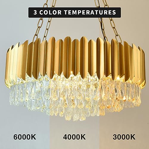 Fitsai Modern Gold Crystal Chandelier Light with Remote Control, Dimmable Round LED Pendant Light, Ceiling Light Fixtures for Dining Room Living Room Bedroom Variable Light