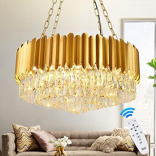 Fitsai Modern Gold Crystal Chandelier Light with Remote Control, Dimmable Round LED Pendant Light, Ceiling Light Fixtures for Dining Room Living Room Bedroom Variable Light