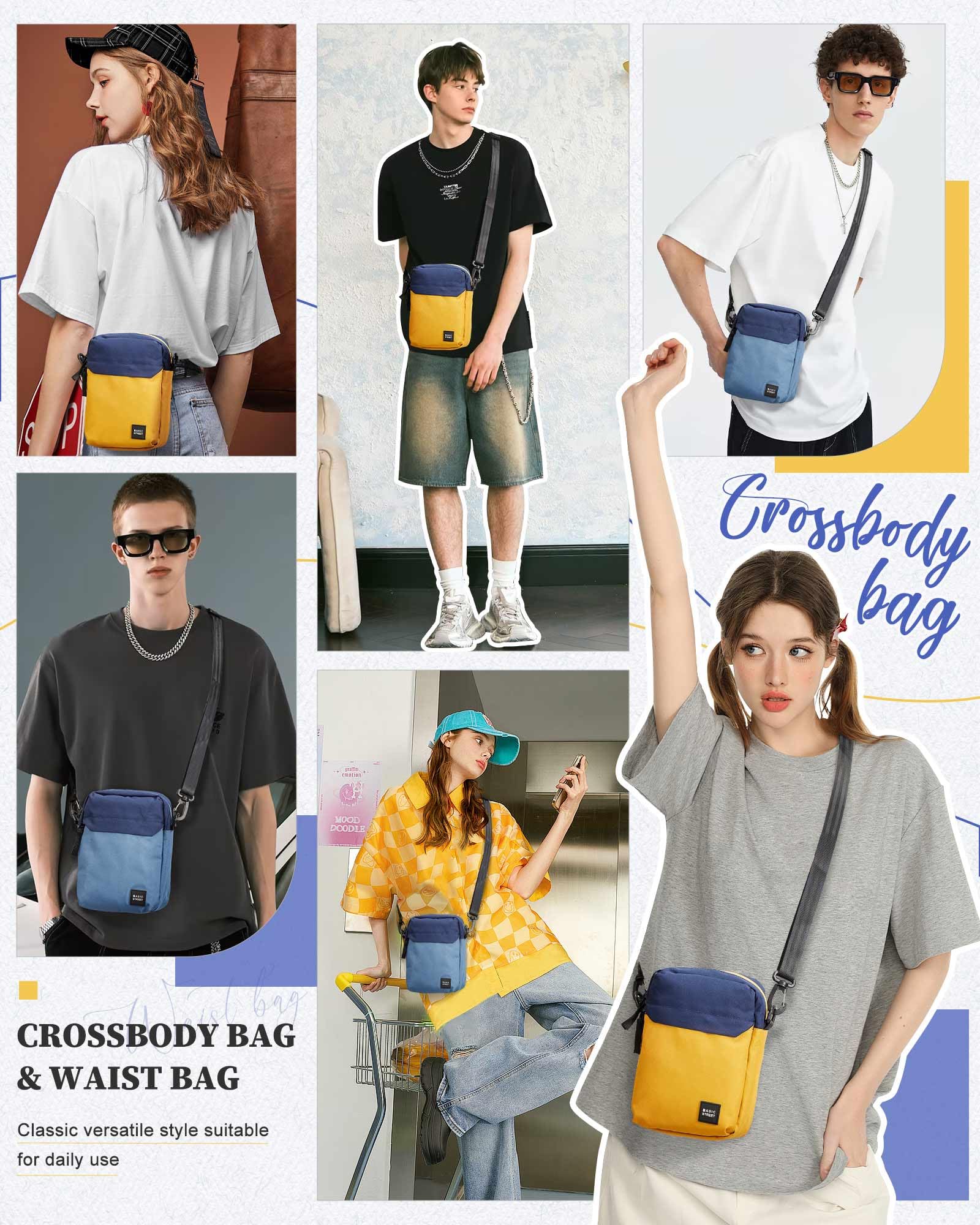 SEAFEW Yellow Crossbody Bag Small Shoulder Bag for Men Travel Wallet Passport Holder with Headphone Position, Mini Satchel for Daily Use