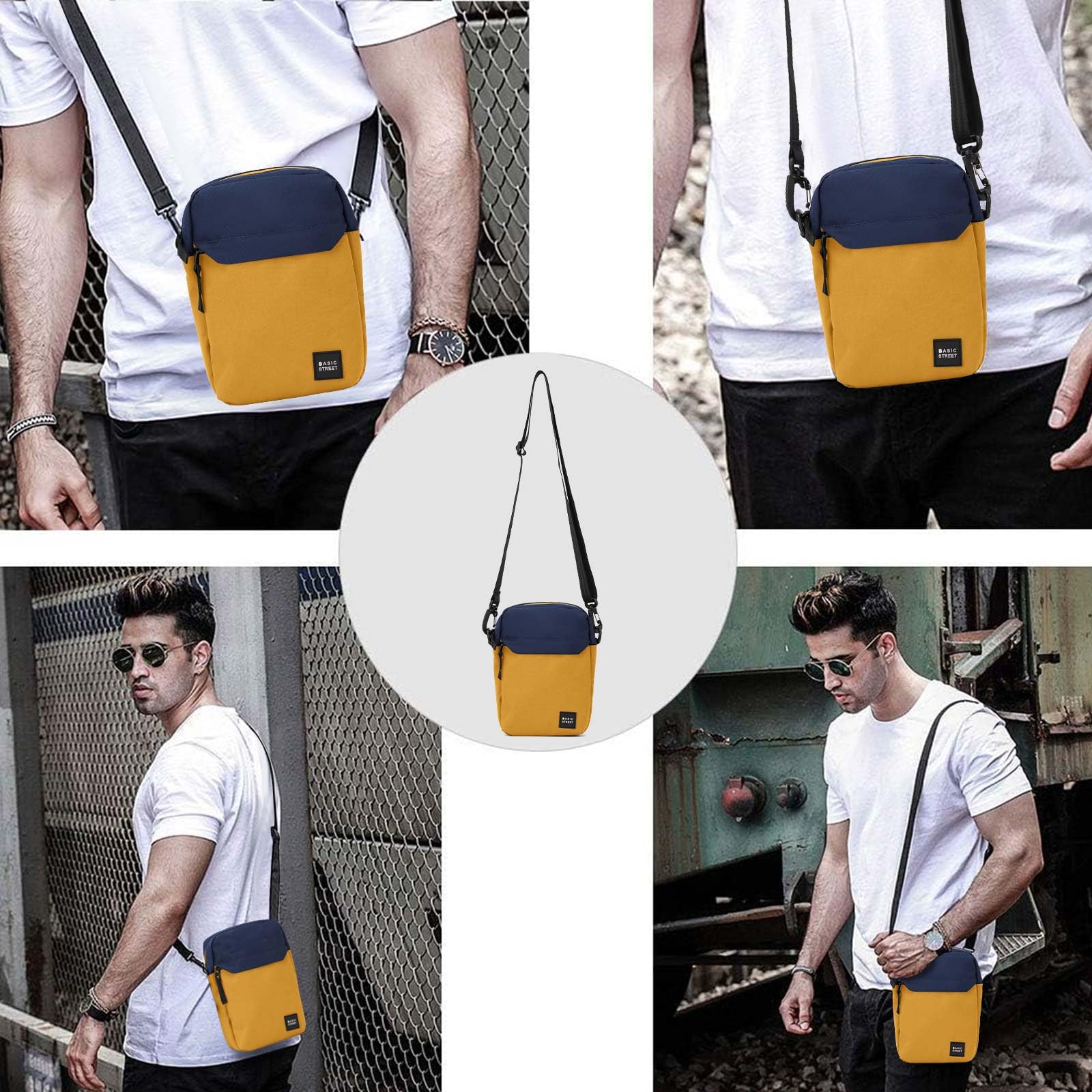 SEAFEW Yellow Crossbody Bag Small Shoulder Bag for Men Travel Wallet Passport Holder with Headphone Position, Mini Satchel for Daily Use