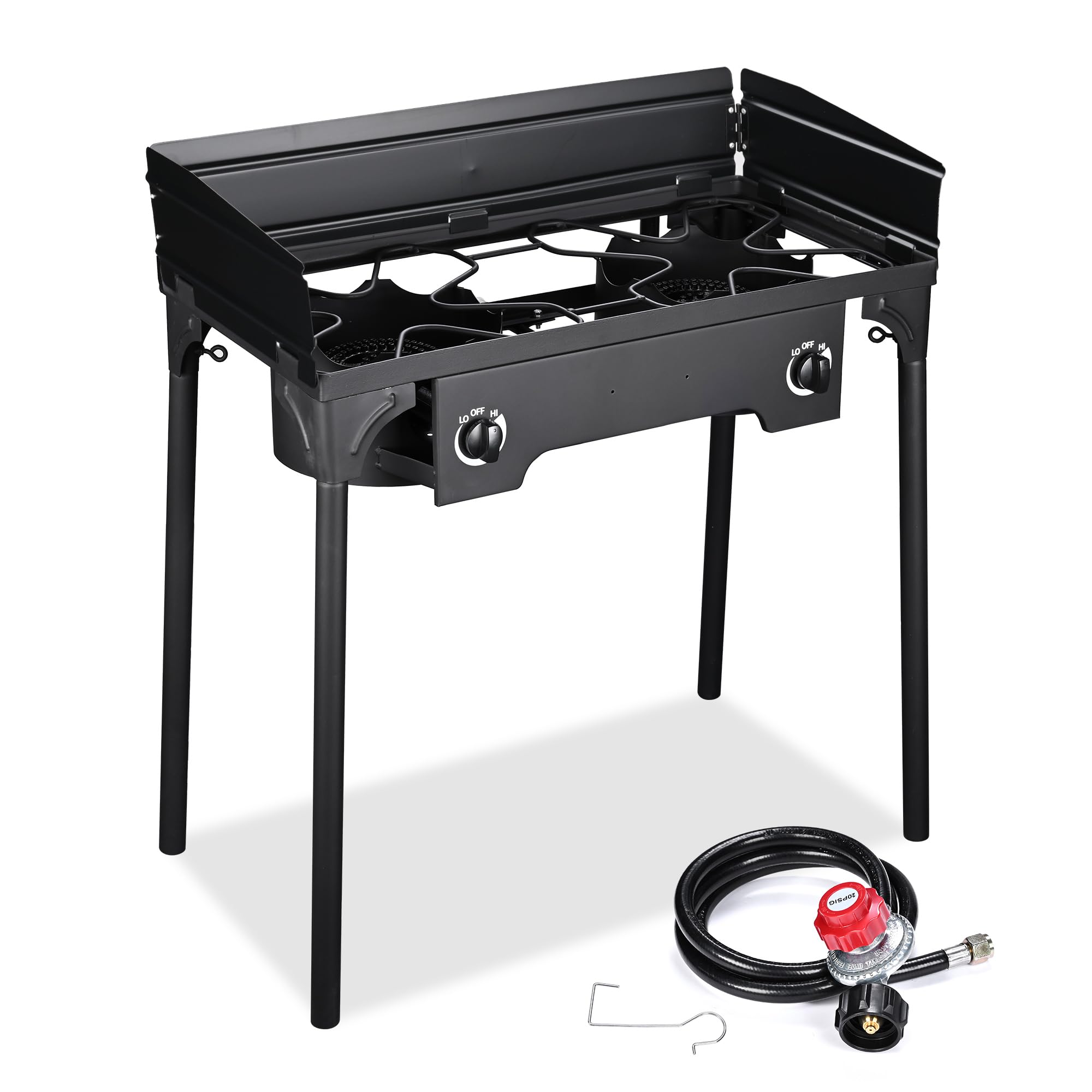 Outdoor Camping Stove, Propane Dual Burner Cooker w/Detachable Legs, 0-20 PSI Regulator, 150,000-BTU for Camping, Barbecue, Car Travel, Garden Party