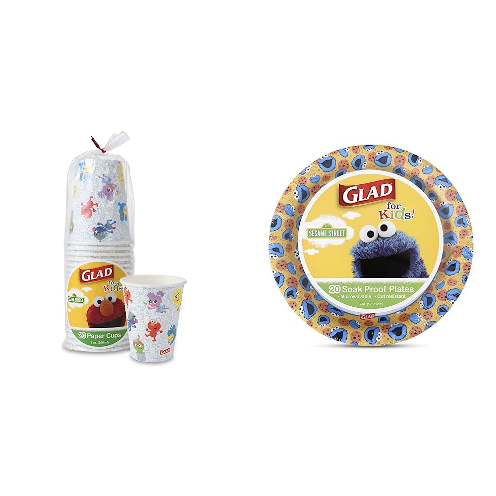 Glad for Kids Sesame Street Days Paper Cups, 9 oz Paper Cups 20 Ct & for Kids Cookie Monster Paper Plates | Cookie Monster Plates, Kids Plates | Cookie Monster Paper Plates, 7” Paper Plates 20 Ct