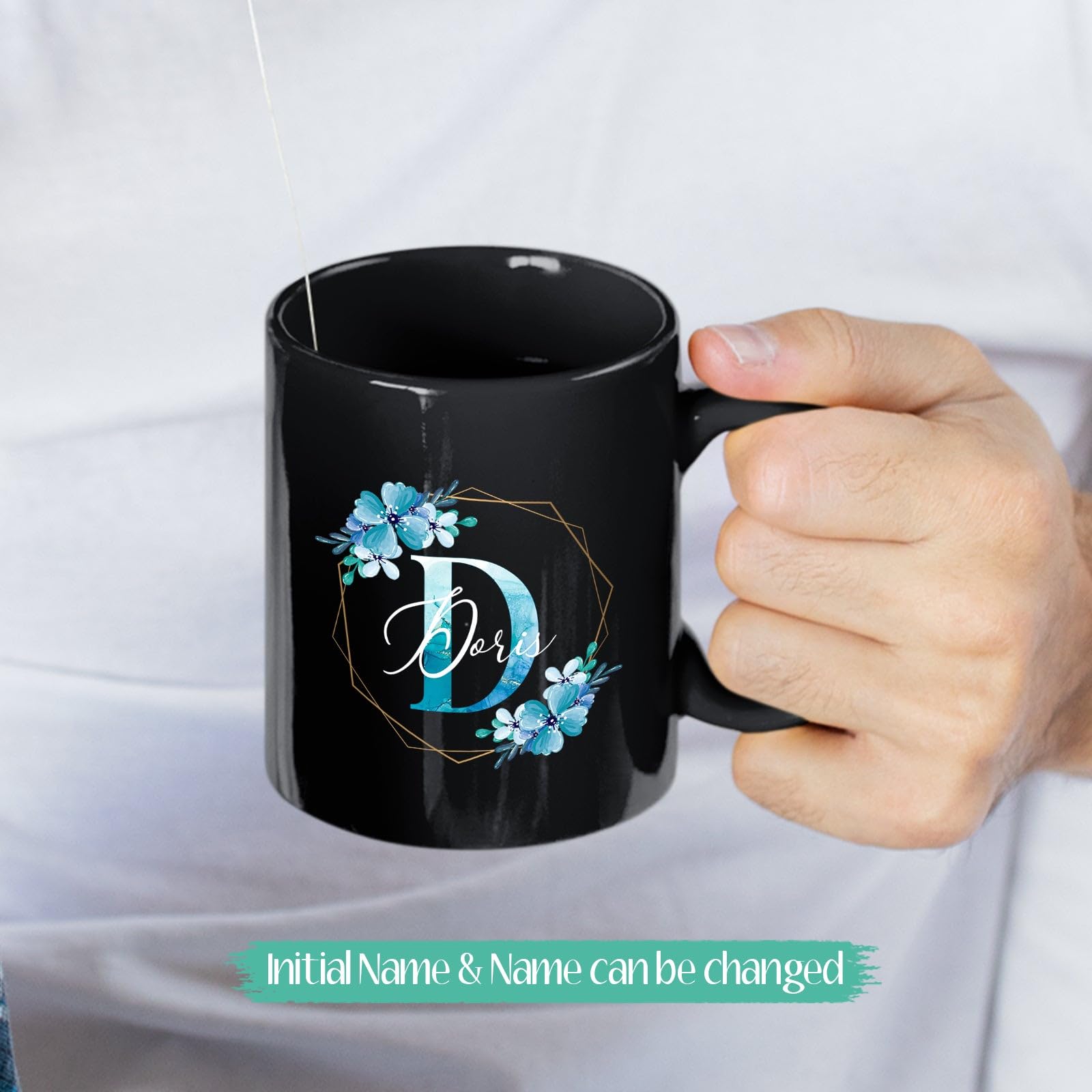 Personalized Initial Name Coffee Cup with Name, Custom Blue Floral Alphabet Ceramic Cups, Monogrammed Letter Mug Gift for Birthday, Customized Wreath Tea Cups Present, Black Coffee Mug 11oz or 15oz